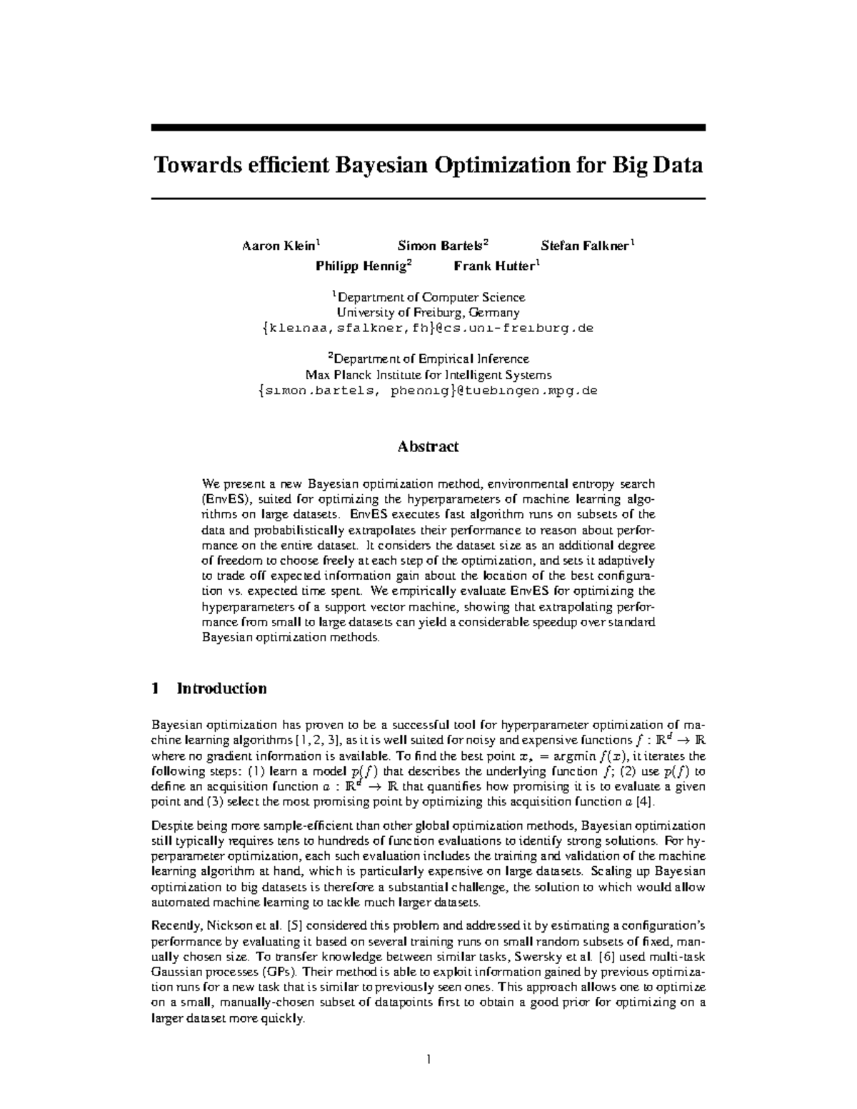 Towards efficient Bayesian Optimization for Big Data - uni-freiburg 2 Department of Empirical ...