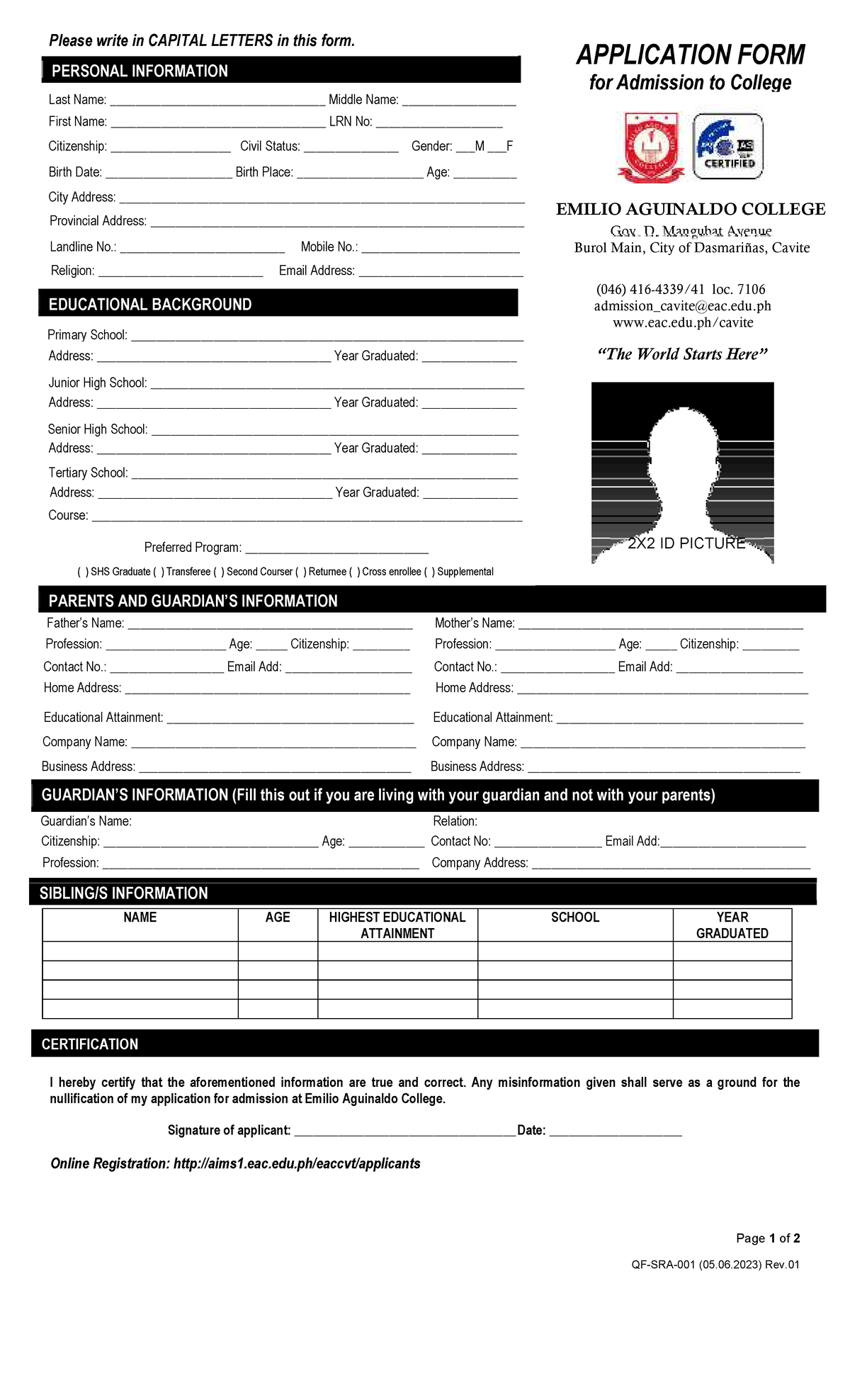 Application Form for Admission for College - Page 1 of 2 QF-SRA-001 (05 ...