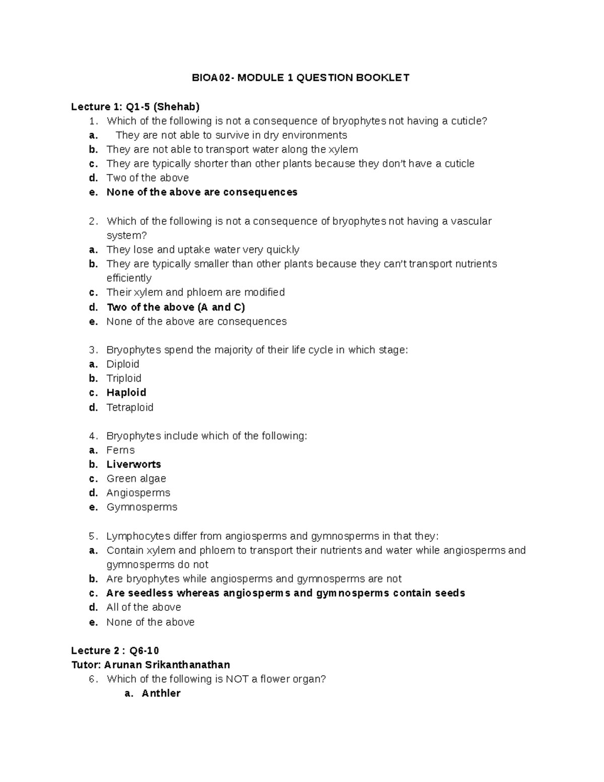 BIOA02 Module 1 Question Booklet with answers - BIOA02- MODULE 1 ...