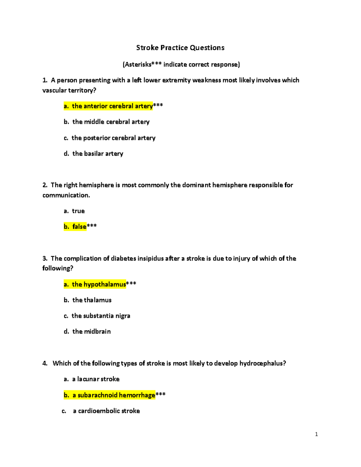 Stroke questions - Medsurge - Stroke Practice Questions (Asterisks ...