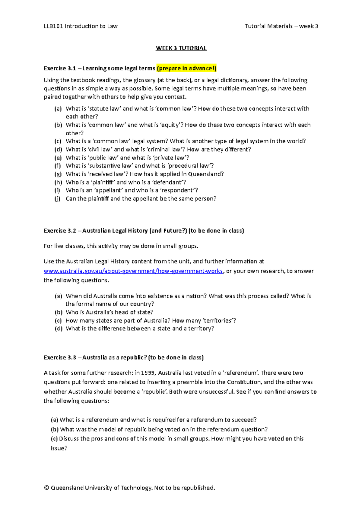 Week 3 Tutorial Llb101 Introduction To Law Tutorial Materials Week 3 Week 3 Tutorial