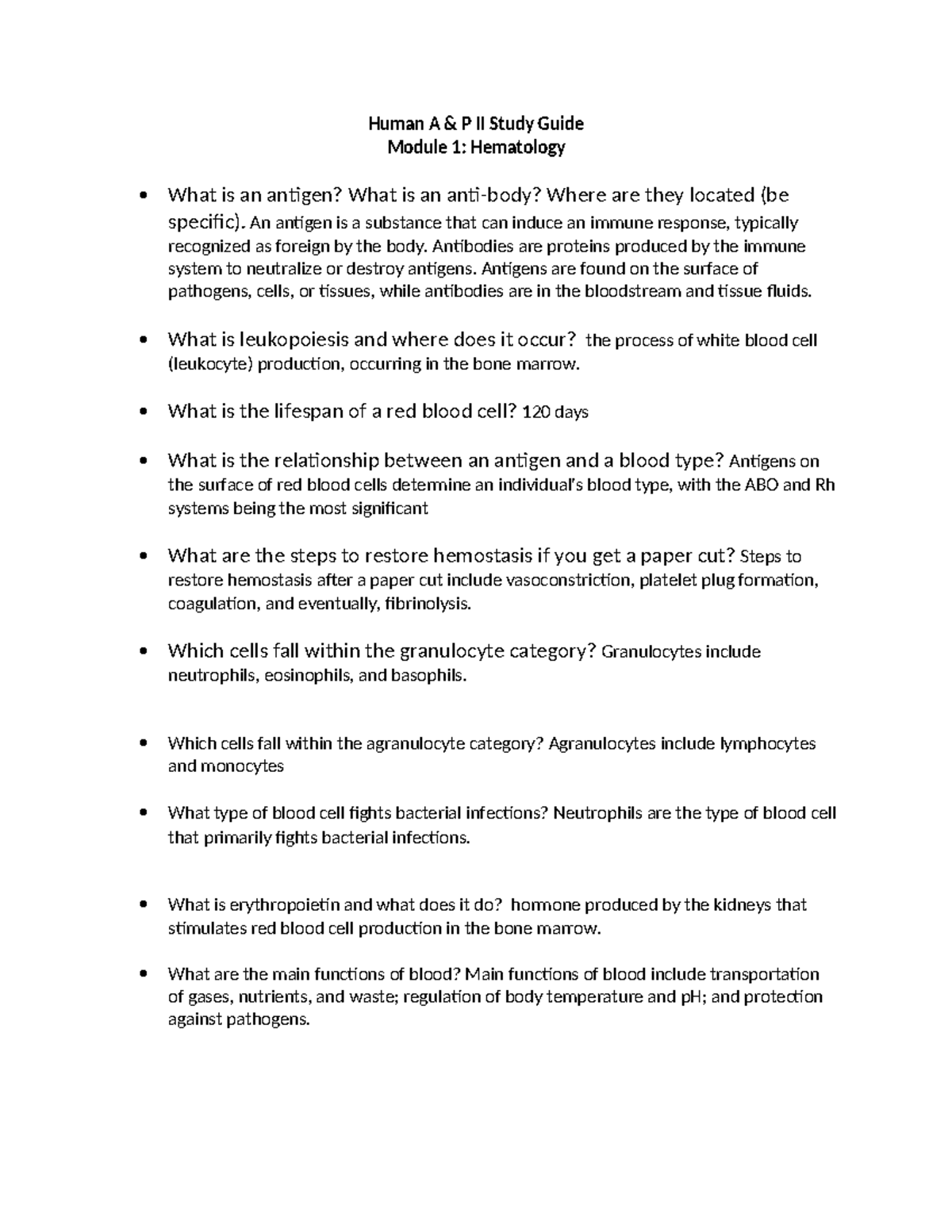 Module 01 Study Guide - Human A & P II Study Guide Module 1: Hematology ...