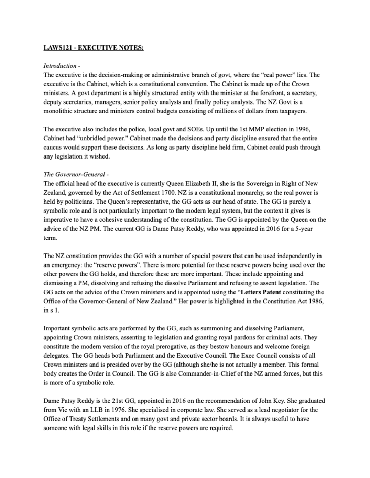 Executive Notes - Introduction to New Zealand Legal System - Studocu