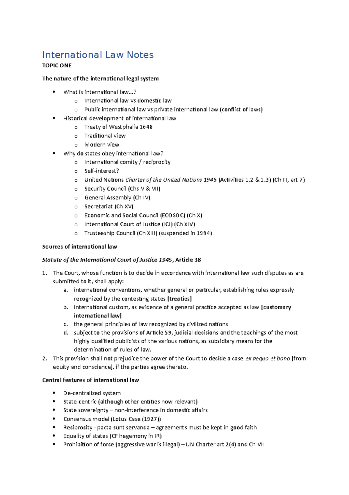 International Law Study Notes - International Law Notes TOPIC ONE The ...