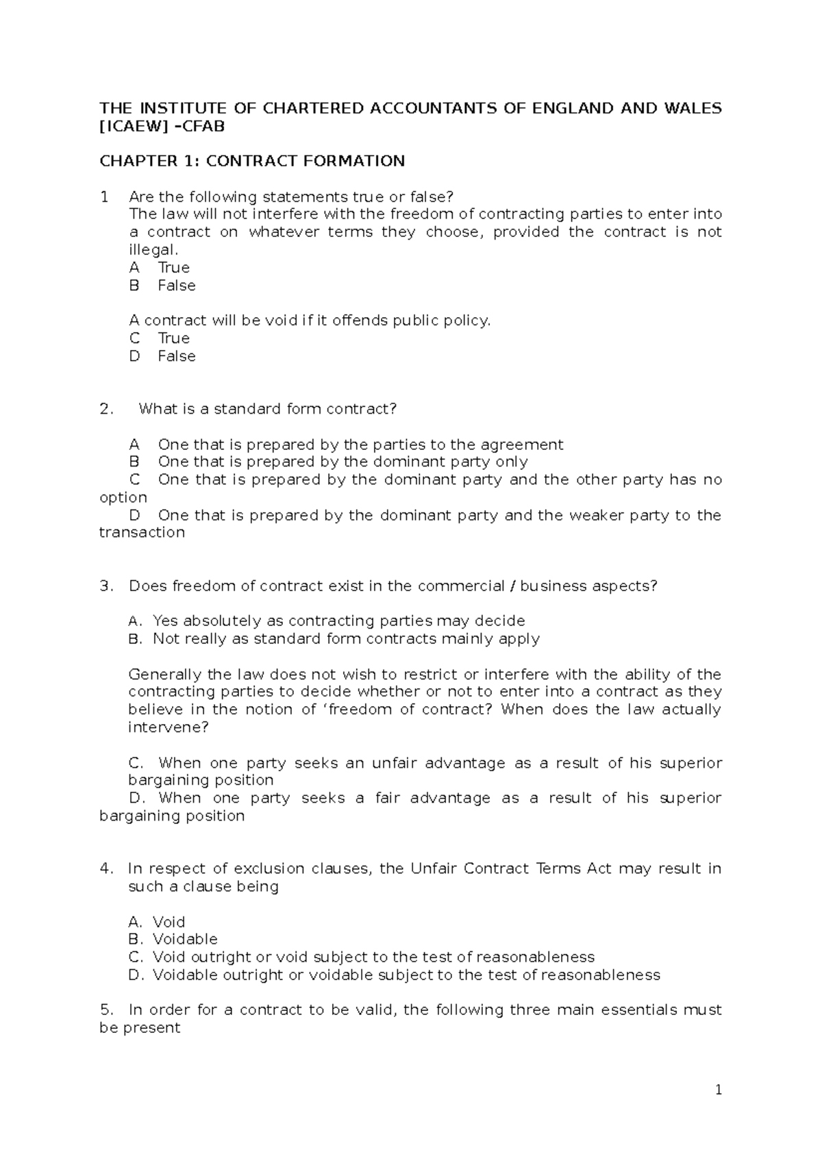 Sample/practice exam 1 September 2018, questions - THE INSTITUTE OF ...