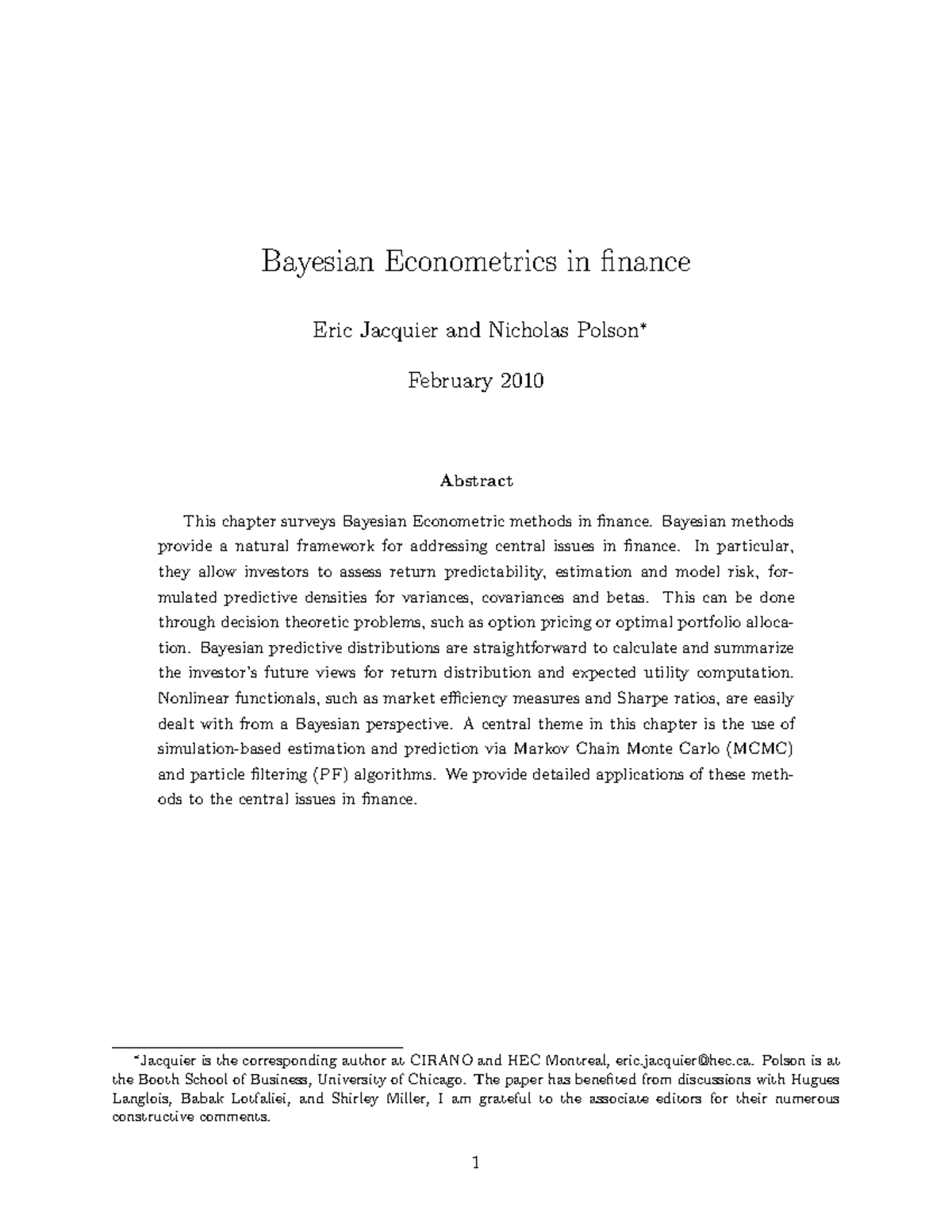 Bayesian Econometrcis in Finance - Bayesian Econometrics in finance Eric Jacquier and Nicholas ...