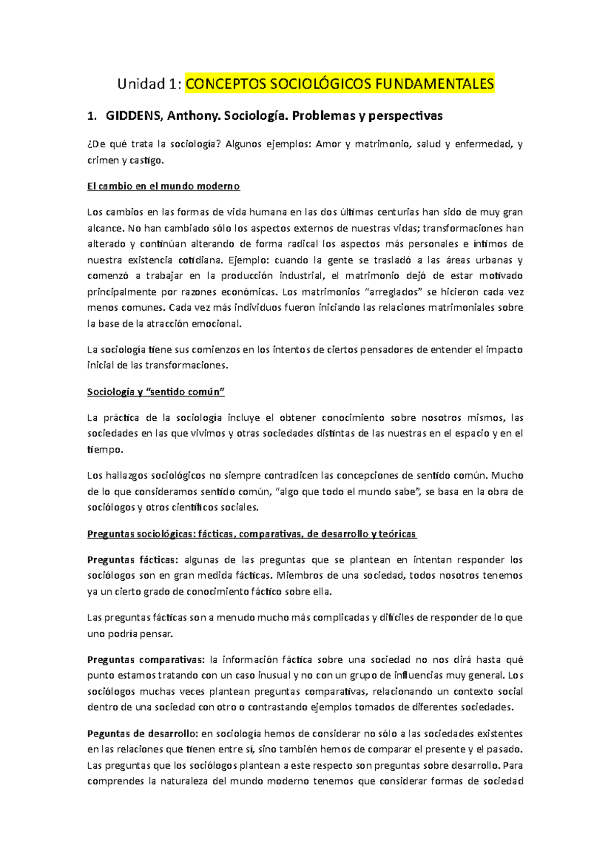 Resumen Primer parcial - Unidad 1: CONCEPTOS SOCIOLÓGICOS FUNDAMENTALES 1. GIDDENS, Anthony ...