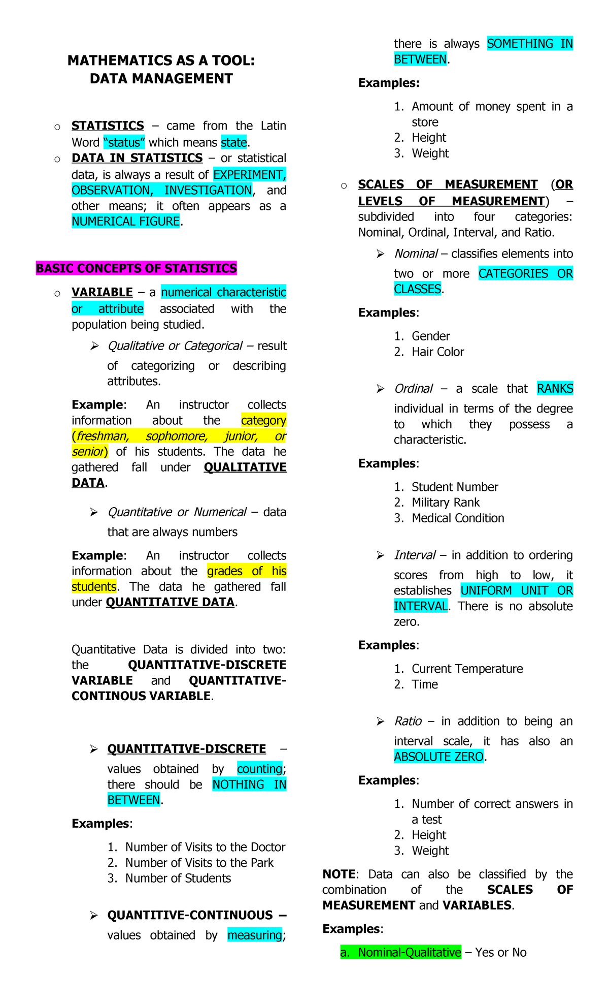 Midterm-EXAM- Reviewer - MATHEMATICS AS A TOOL: DATA MANAGEMENT o ...