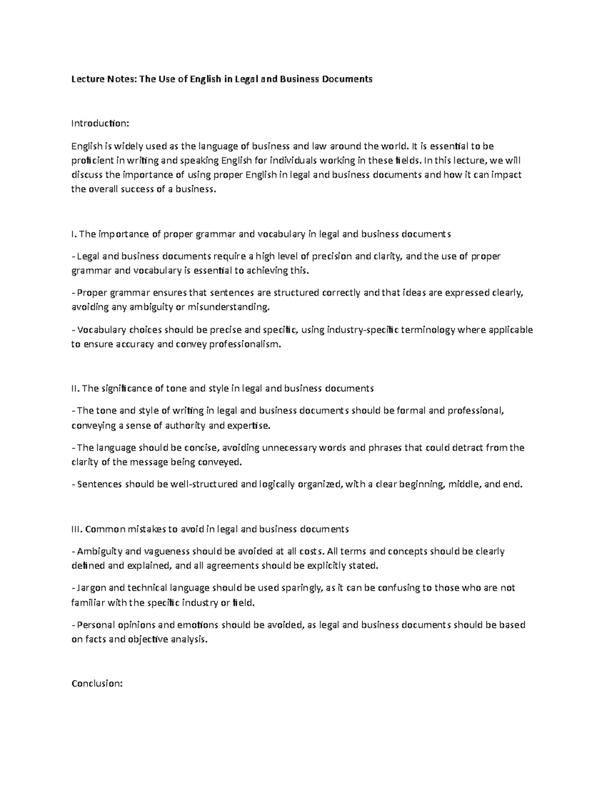 Lecture Notes: The Use of English in Legal and Business Documents ...