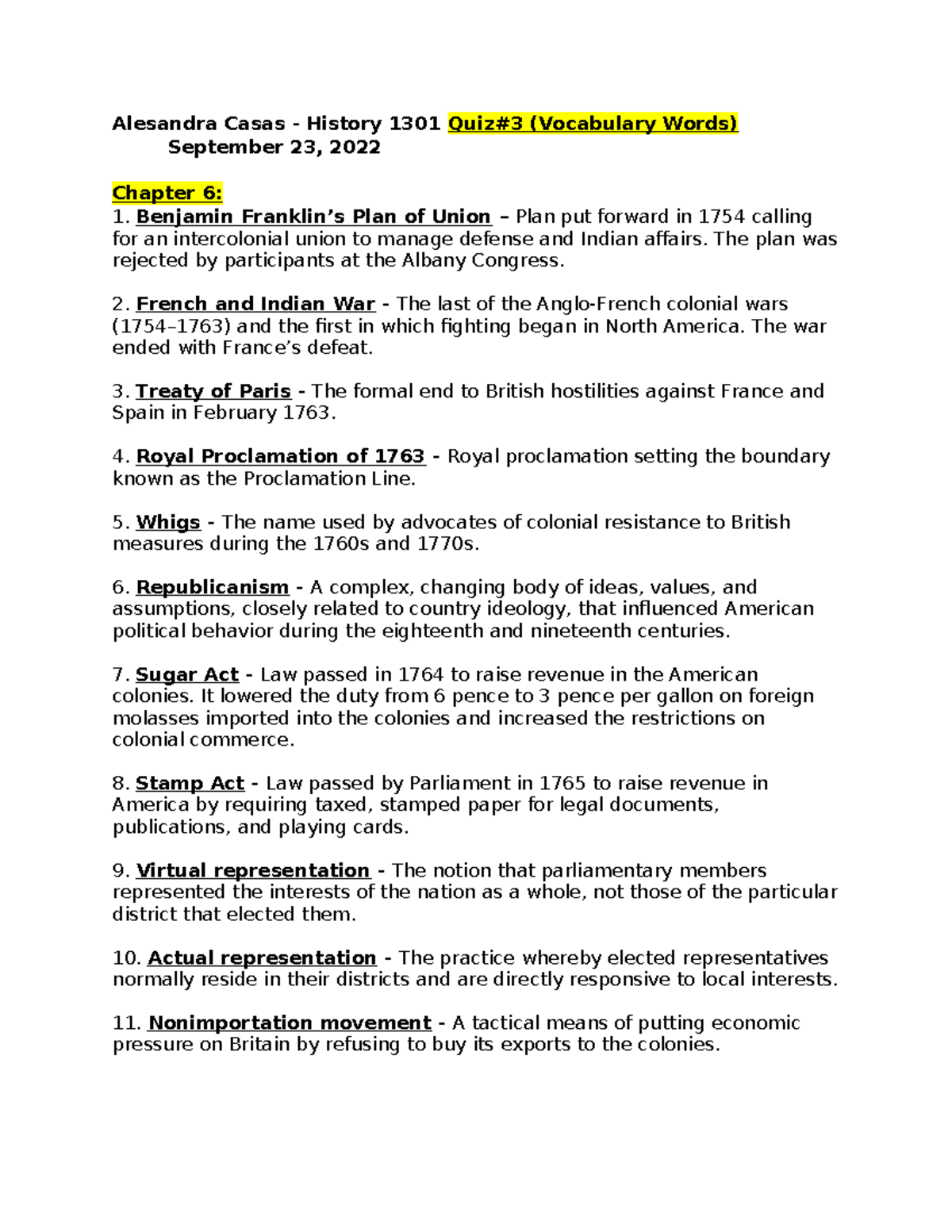 Quiz 3 - History 1301 - Quiz - Alesandra Casas - History 1301 Quiz#3 (Vocabulary Words ...