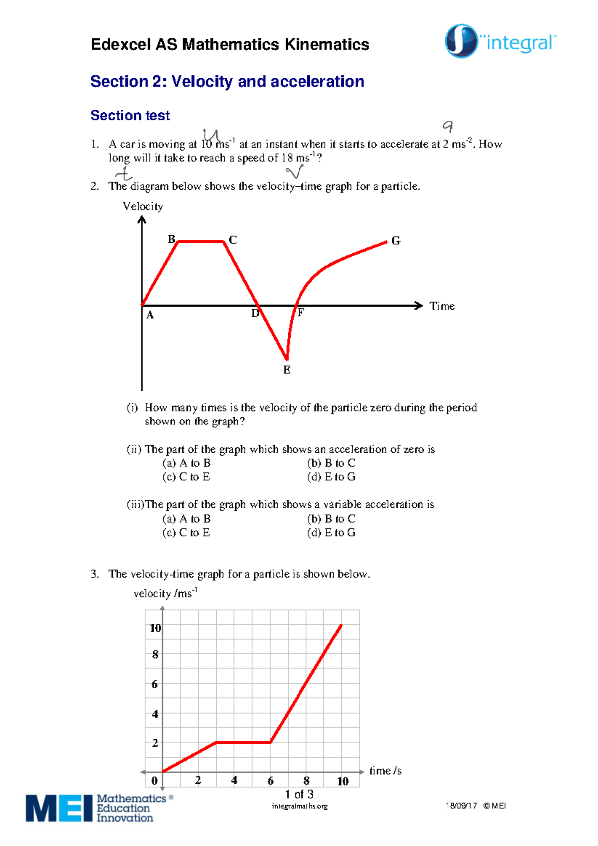 Section test (velocity and acceleration) - Edexcel AS Mathematics ...