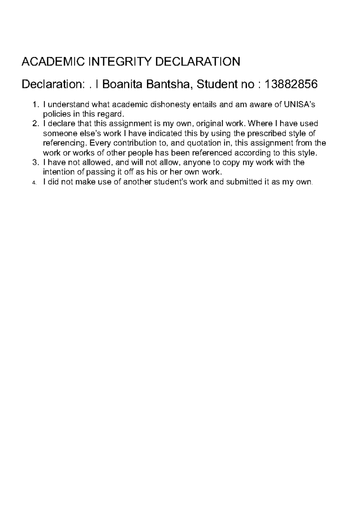 ADL Assign 1 pdf - ACADEMIC INTEGRITY DECLARATION Declaration:. I Boanita Bantsha, Student no ...