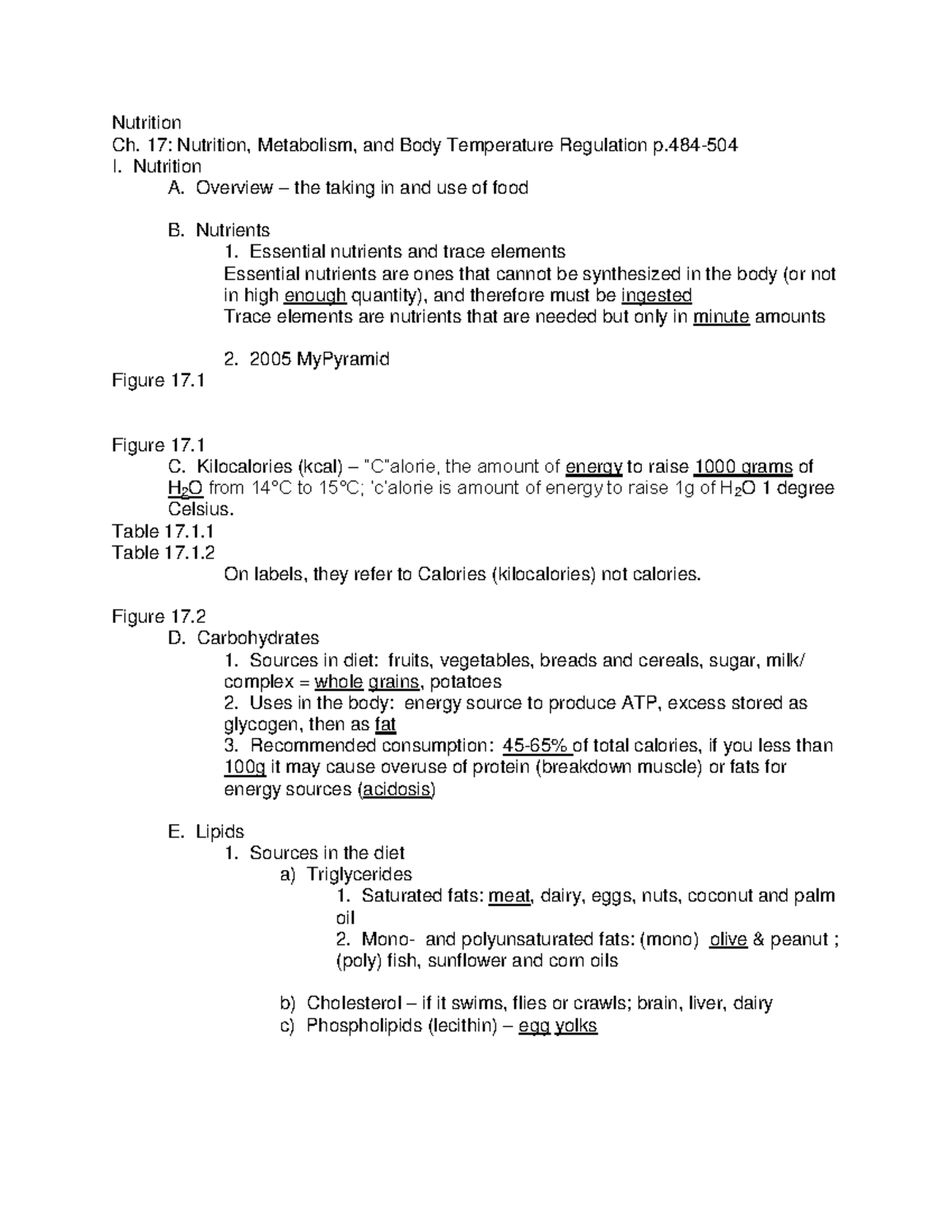 BIOL109 Ch17 Lecture notes - Nutrition Ch. 17: Nutrition, Metabolism ...