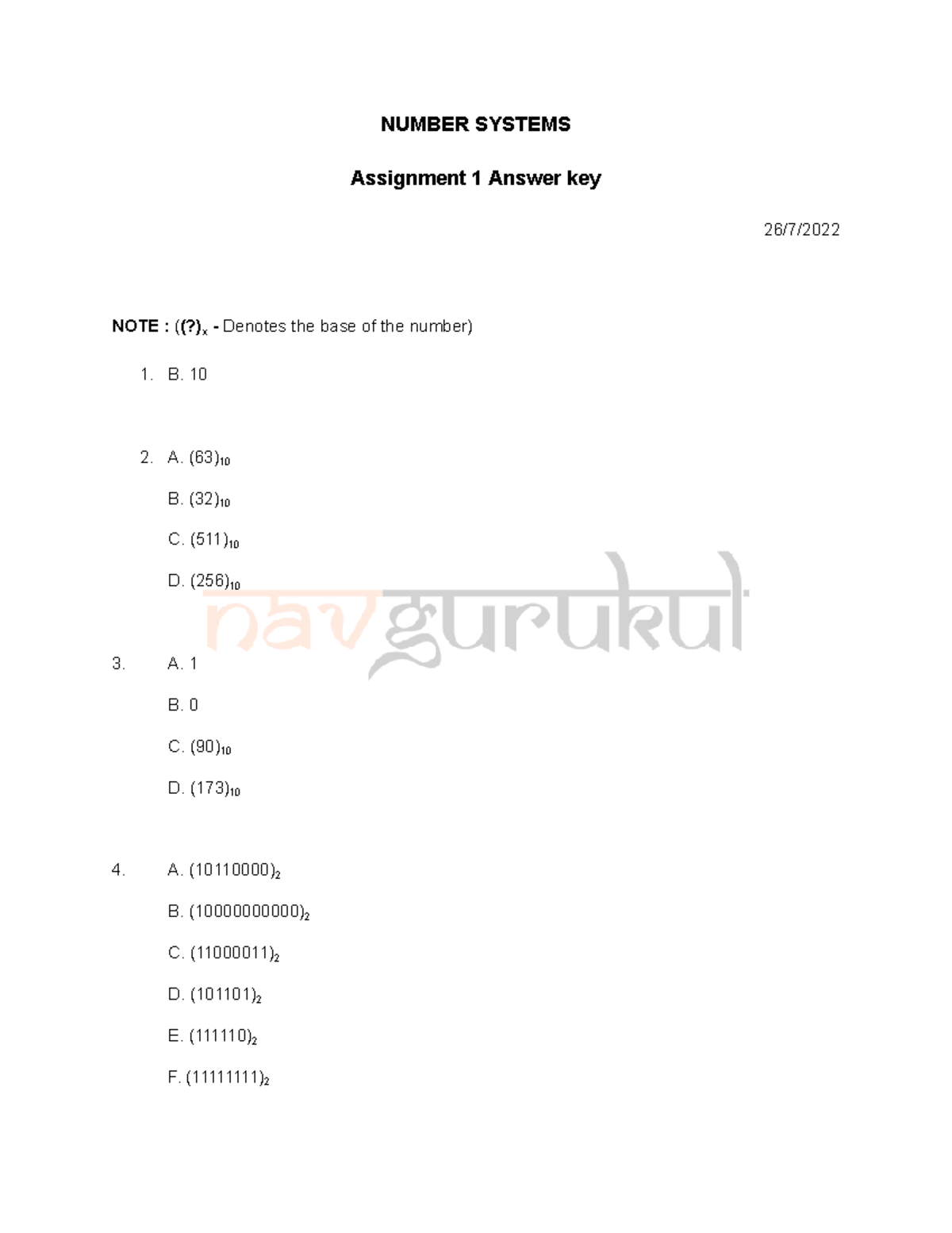 Number Systems assignment 1 answer key - NUMBER SYSTEMS A 1A 2A 3A - 26 ...