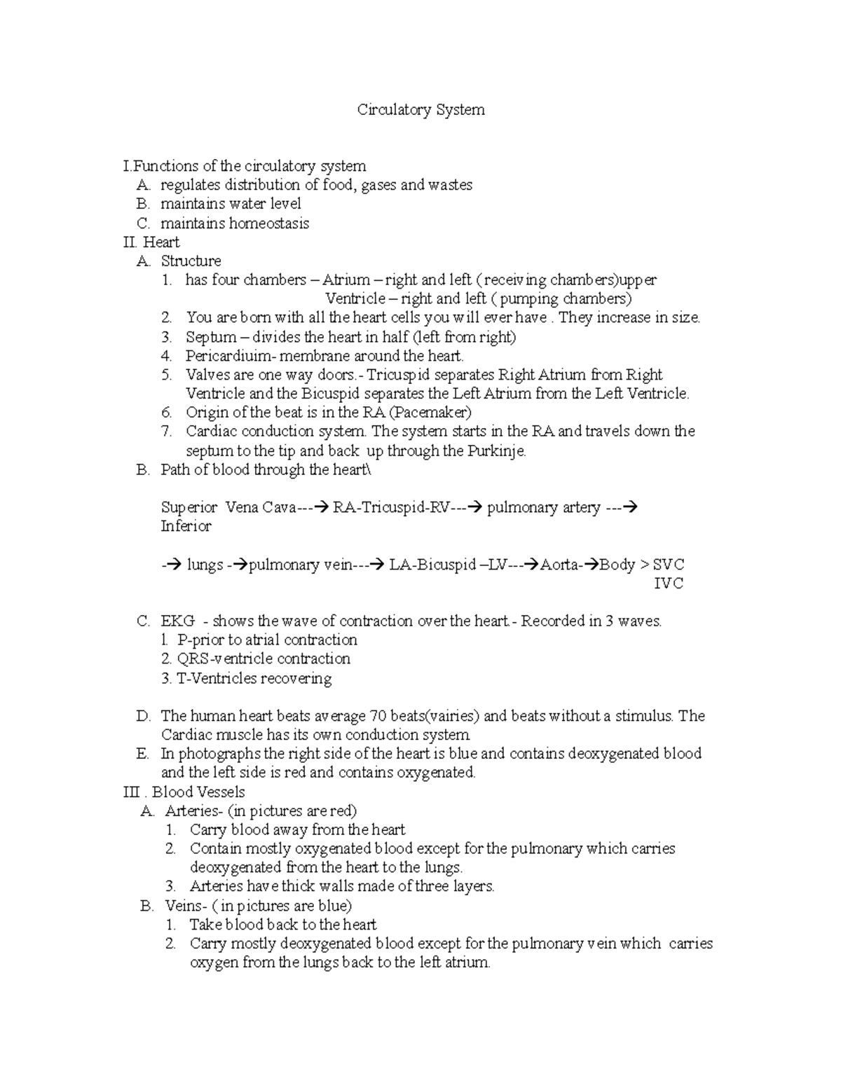 Circulatory System Human Biology Lecture Notes - Circulatory System I ...