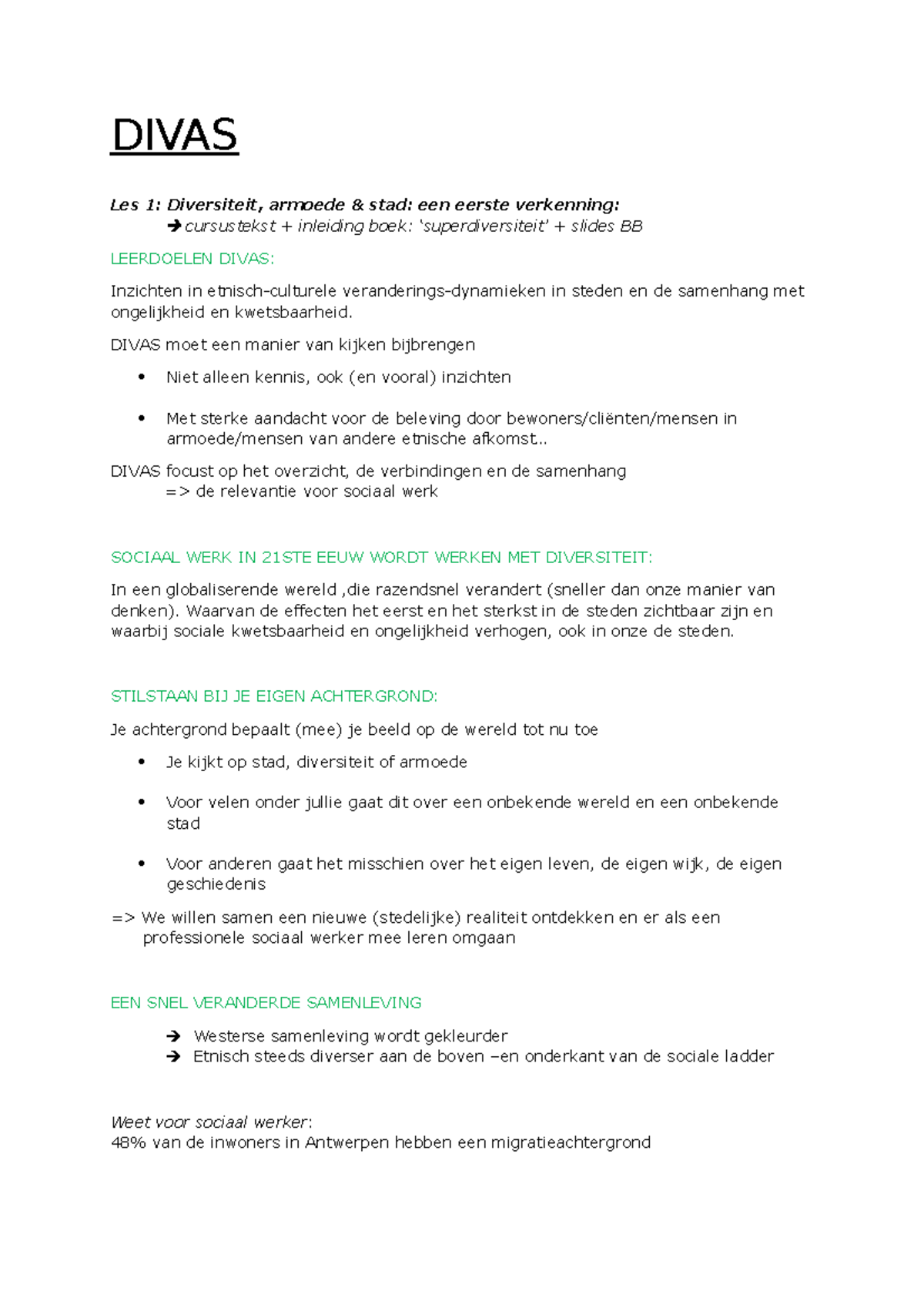 Divas samenvatting periode 1 - DIVAS Les 1: Diversiteit, armoede & stad: een eerste - Studocu