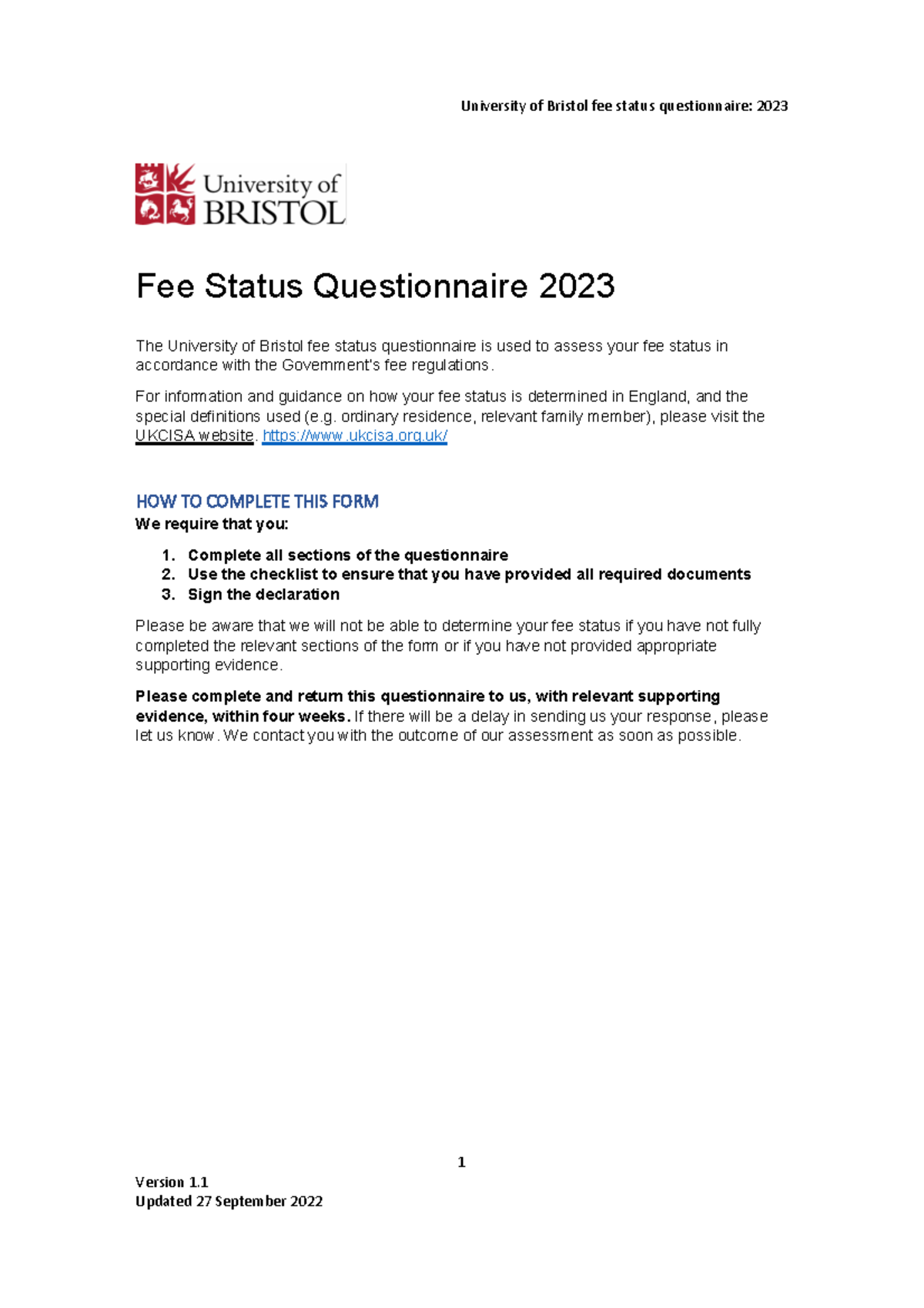 Fee statement bristol - 1 Version 1. 1 Fee Status Questionnaire 2023 ...