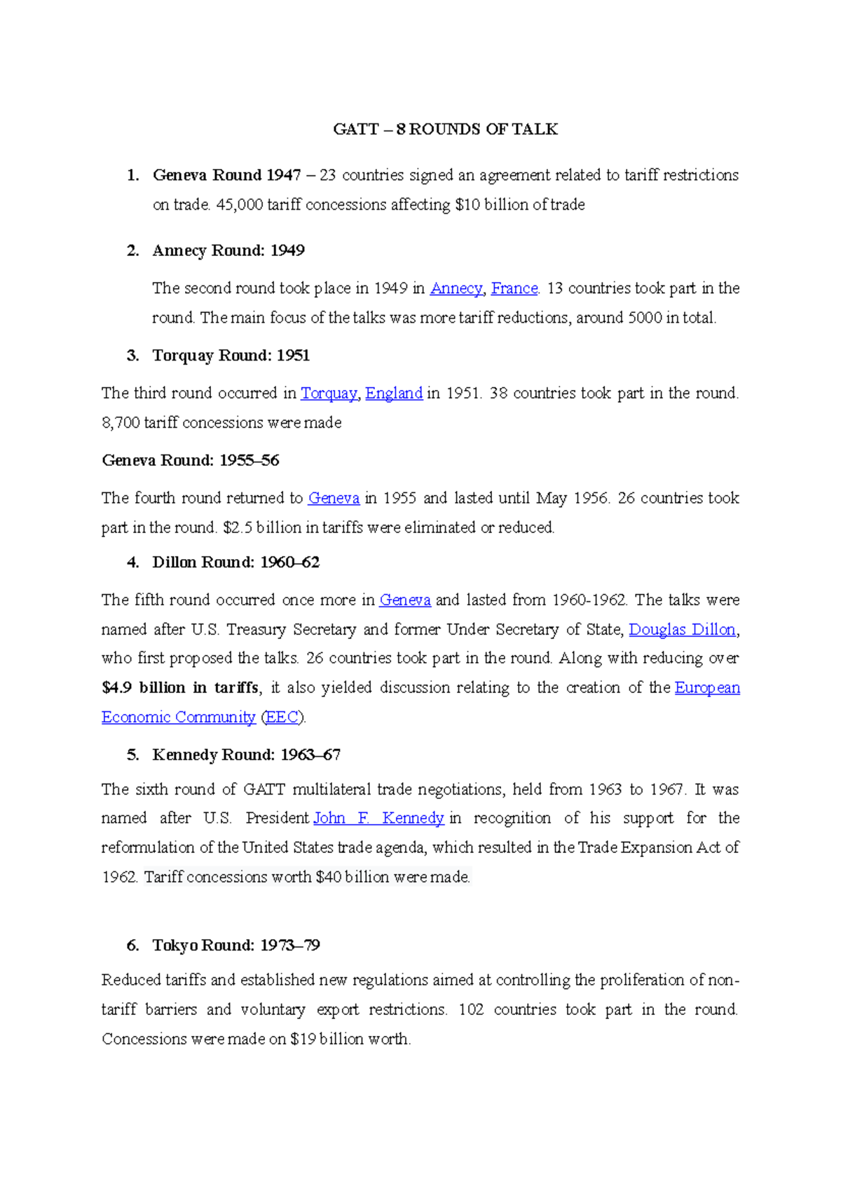 GATT - Informative and useful - GATT – 8 ROUNDS OF TALK Geneva Round ...