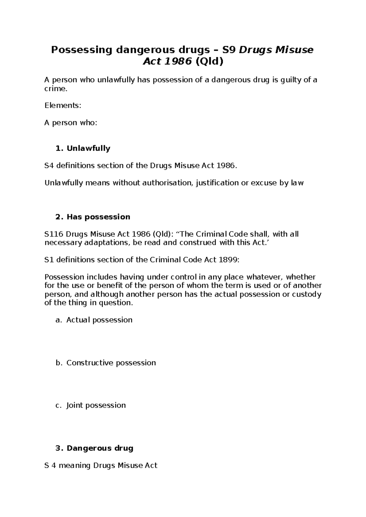 Possessing Dangerous Drug - Elements: A person who: 1. Unlawfully S4 ...