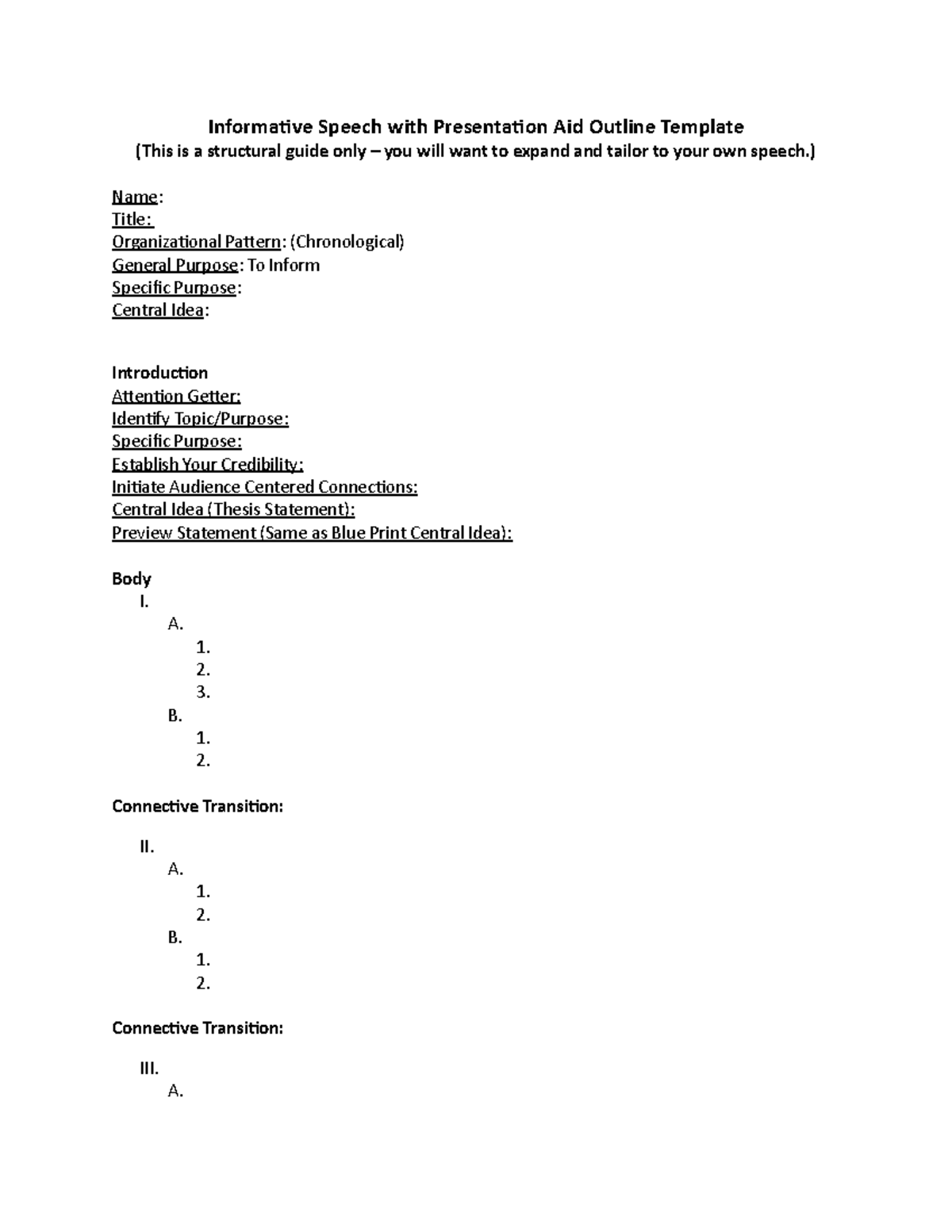 Informative Speech with Presentation Aid Outline Template - ) Name ...