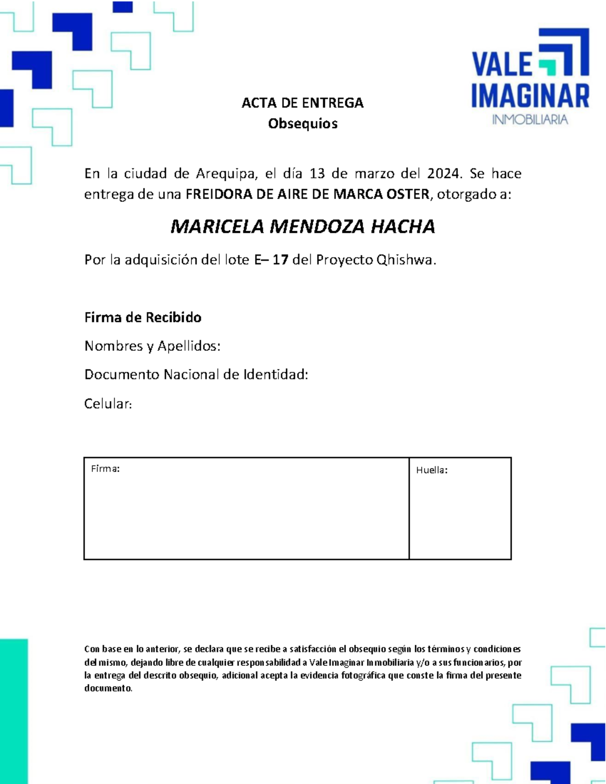 ACTA DE Entrega Obsequios E-17 - ACTA DE ENTREGA Obsequios En la ciudad ...