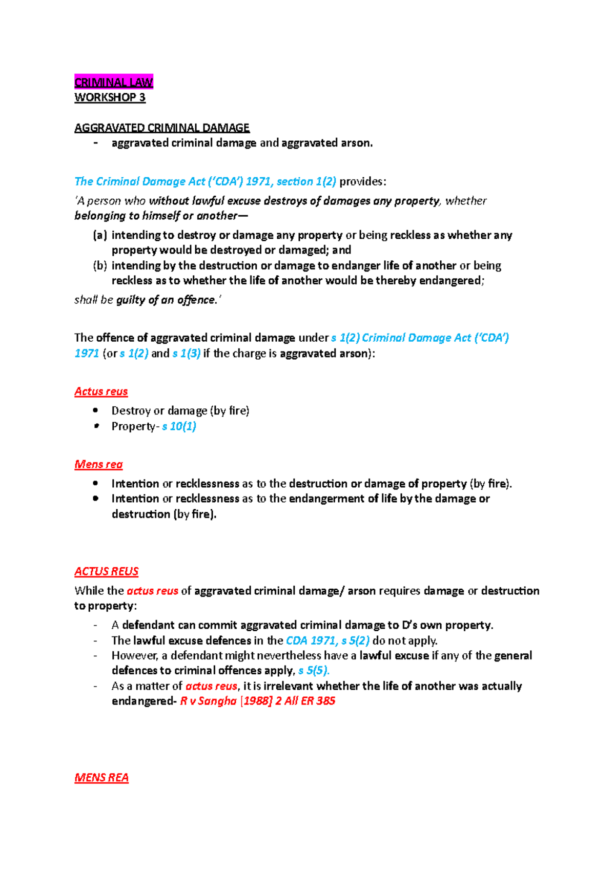 Aggravated Criminal Damage - CRIMINAL LAW WORKSHOP 3 AGGRAVATED ...