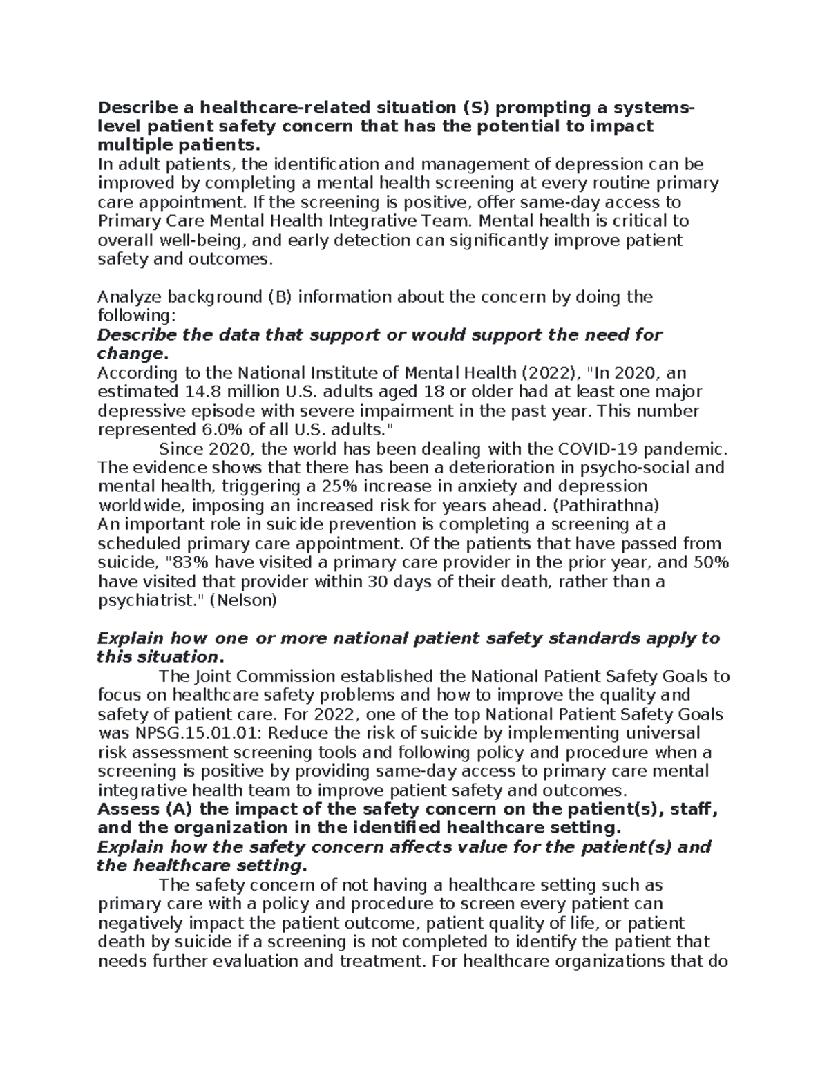 Wgu d221 - Describe a healthcare-related situation (S) prompting a ...