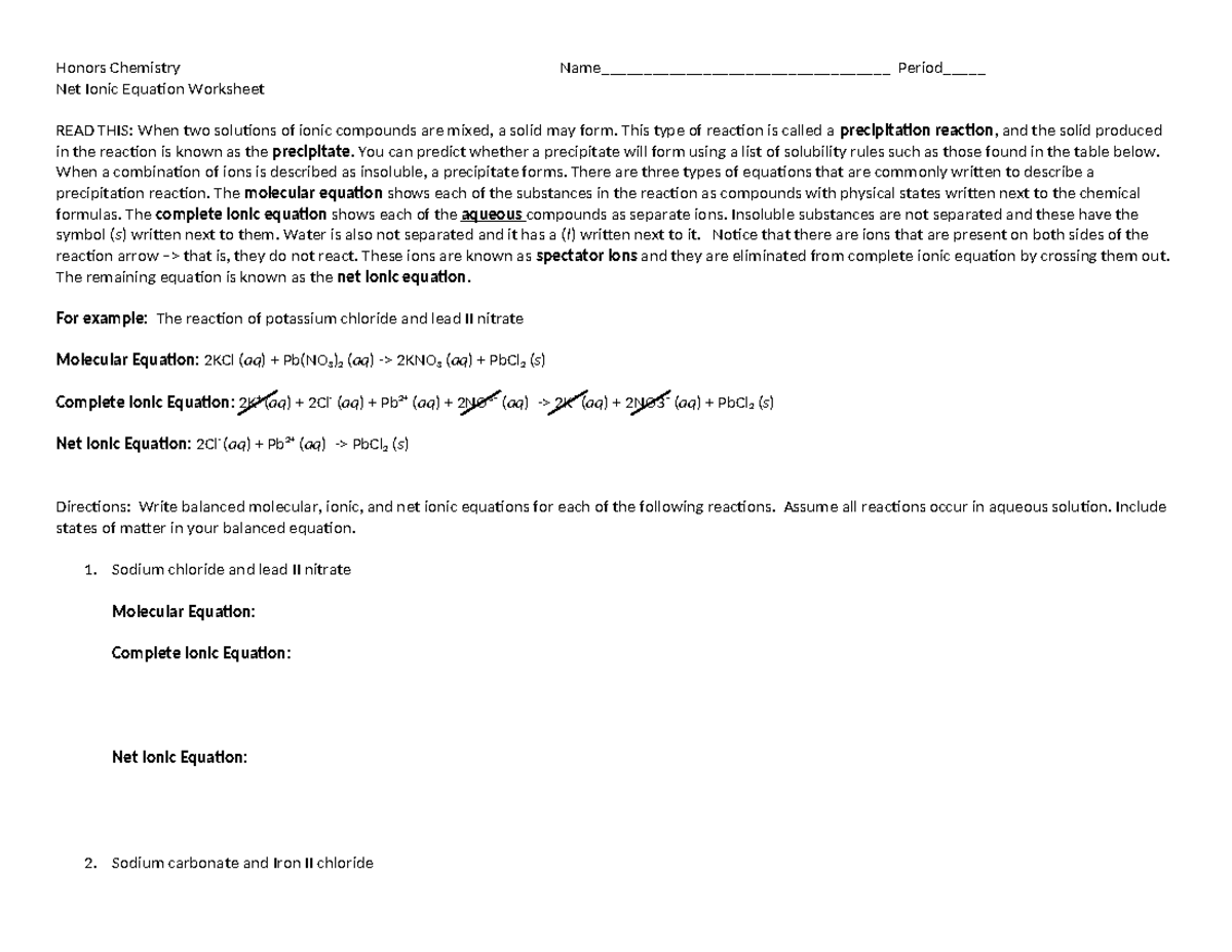 HP Net Ionic Equation Practice - Honors Chemistry Name ...