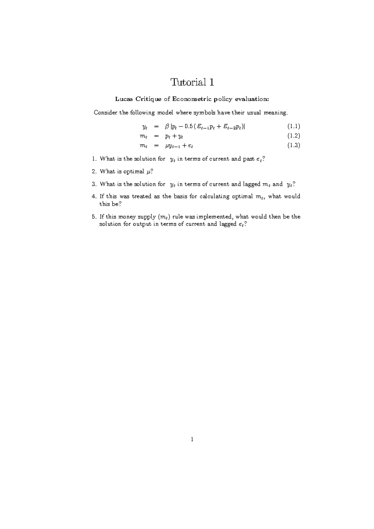 Lucas Critique of Econometric policy evaluation - Tutorial 1 Lucas ...