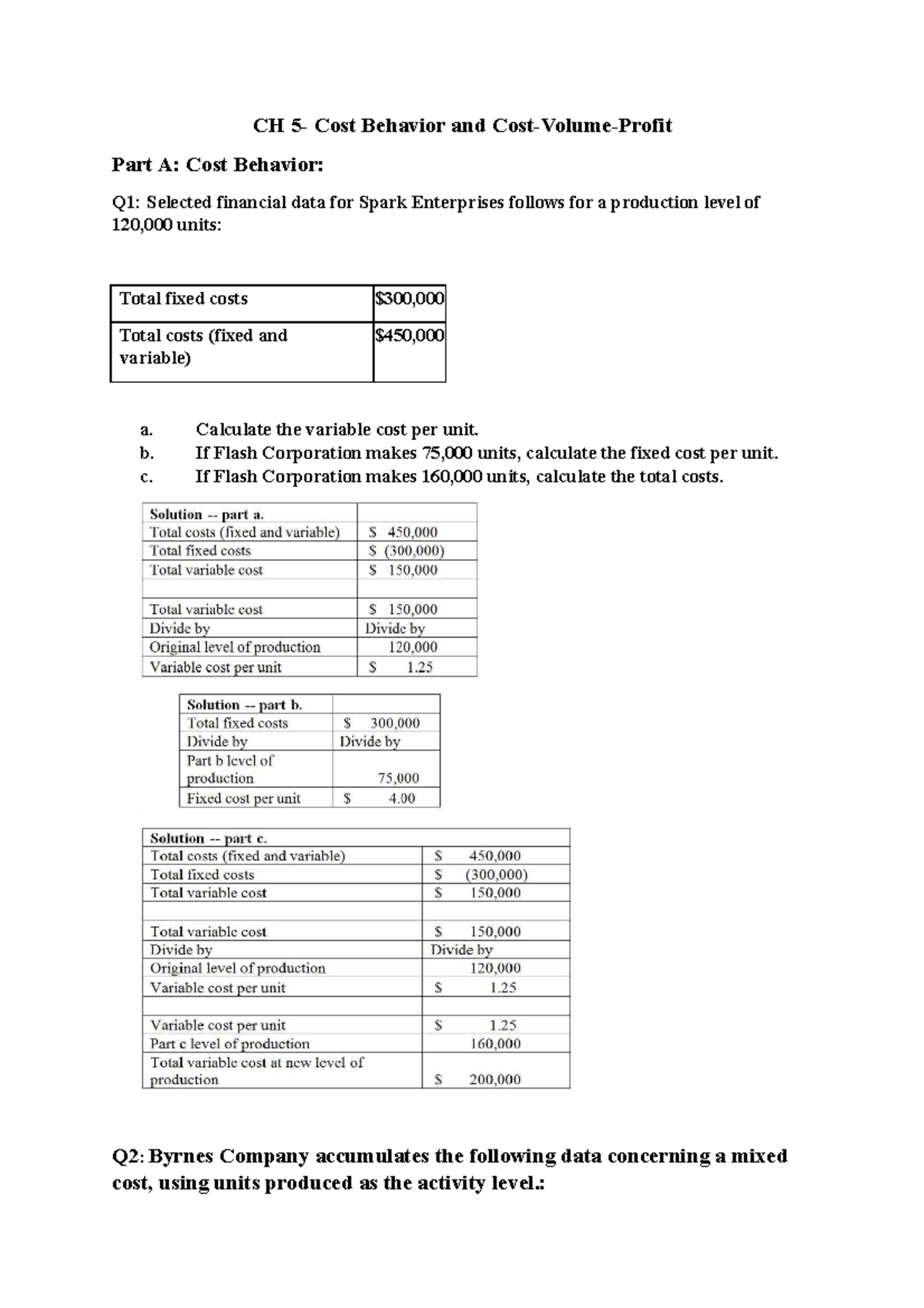 CH-5 Cost Behavior and Cost Volume Profit ans - CH 5- Cost Behavior and ...