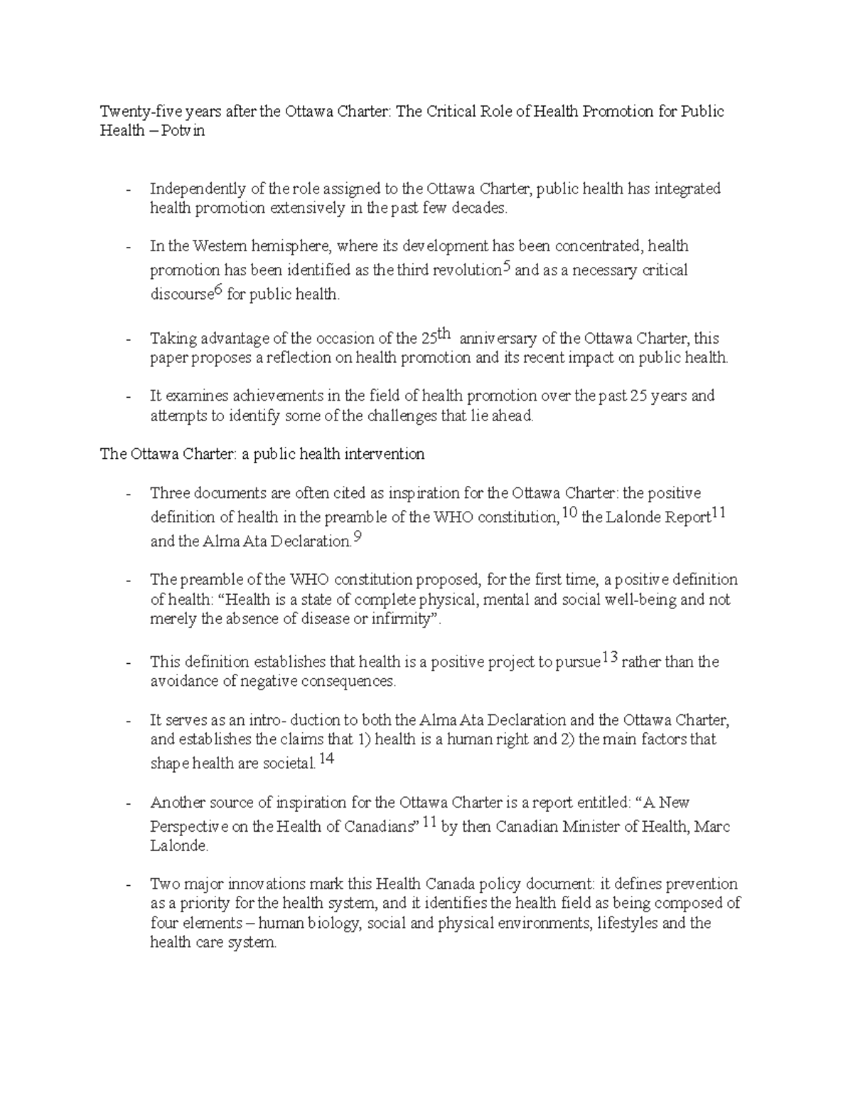 Twenty-five years after the Ottawa Charter- The Critical Role of Health ...