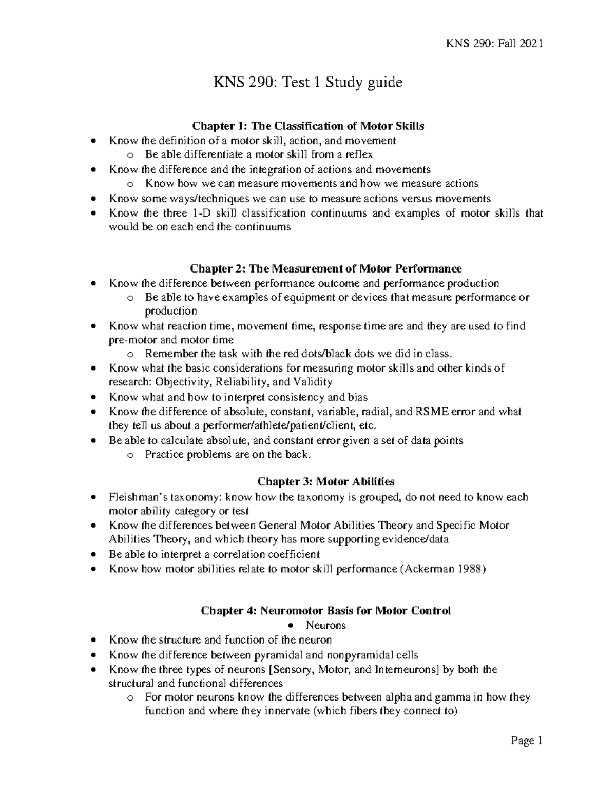 KNS290 Test 1 Study guide - KNS 290 - UT Knoxville - Studocu