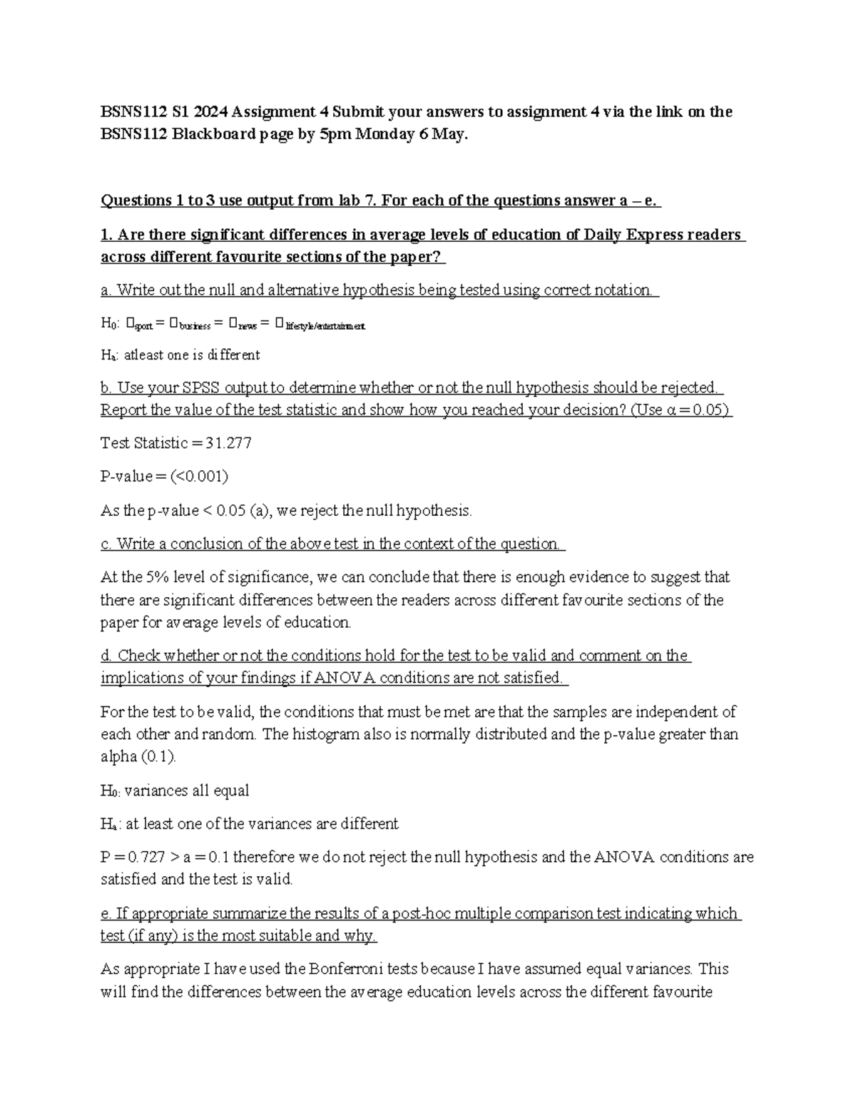 BSNS112 Assignment 4 - BSNS112 S1 2024 Assignment 4 Submit your answers to assignment 4 via the ...