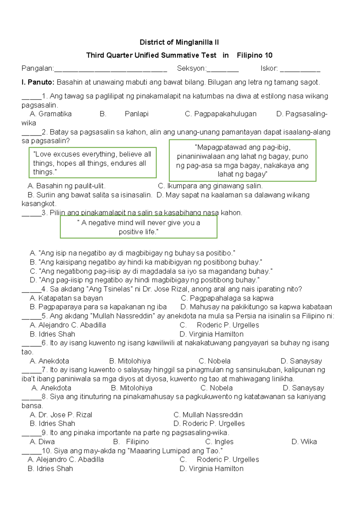 Summative Test in Filipino - Panuto: Basahin at unawaing mabuti ang ...
