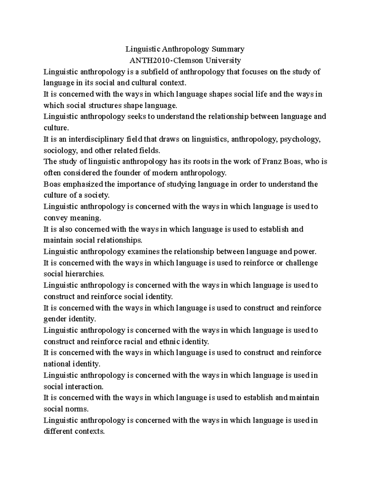 Linguistic Anthropology Summary - Linguistic Anthropology Summary ...