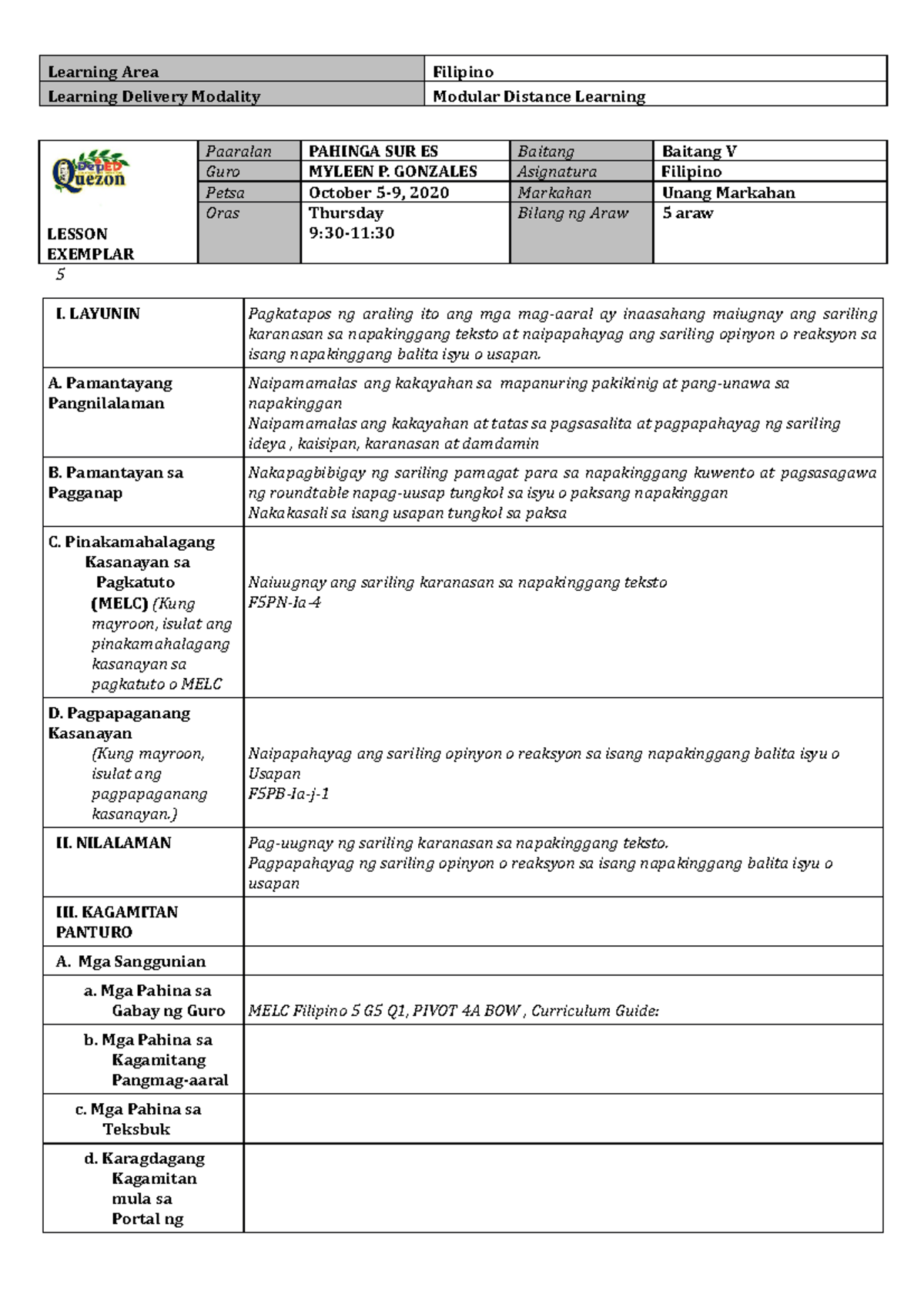 LE Filipino 5-M1-WK1 - Learning Area Filipino Learning Delivery ...
