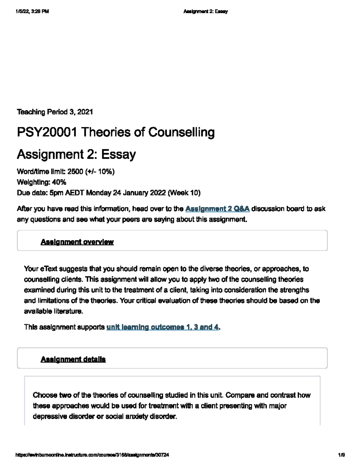 Assignment 2 criteria intro into theories of counselling psy20001 ...