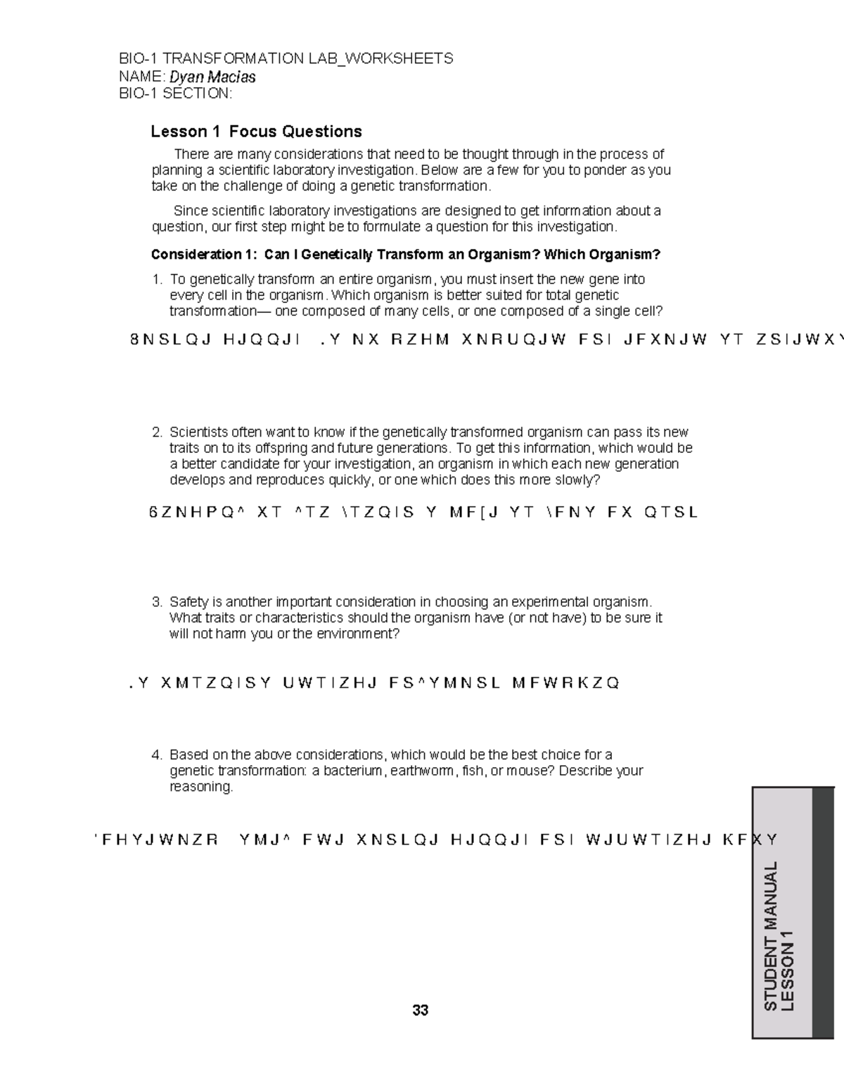 Bio-Rad Bacterial Transformation Worksheets - NAME: BIO-1 SECTION ...