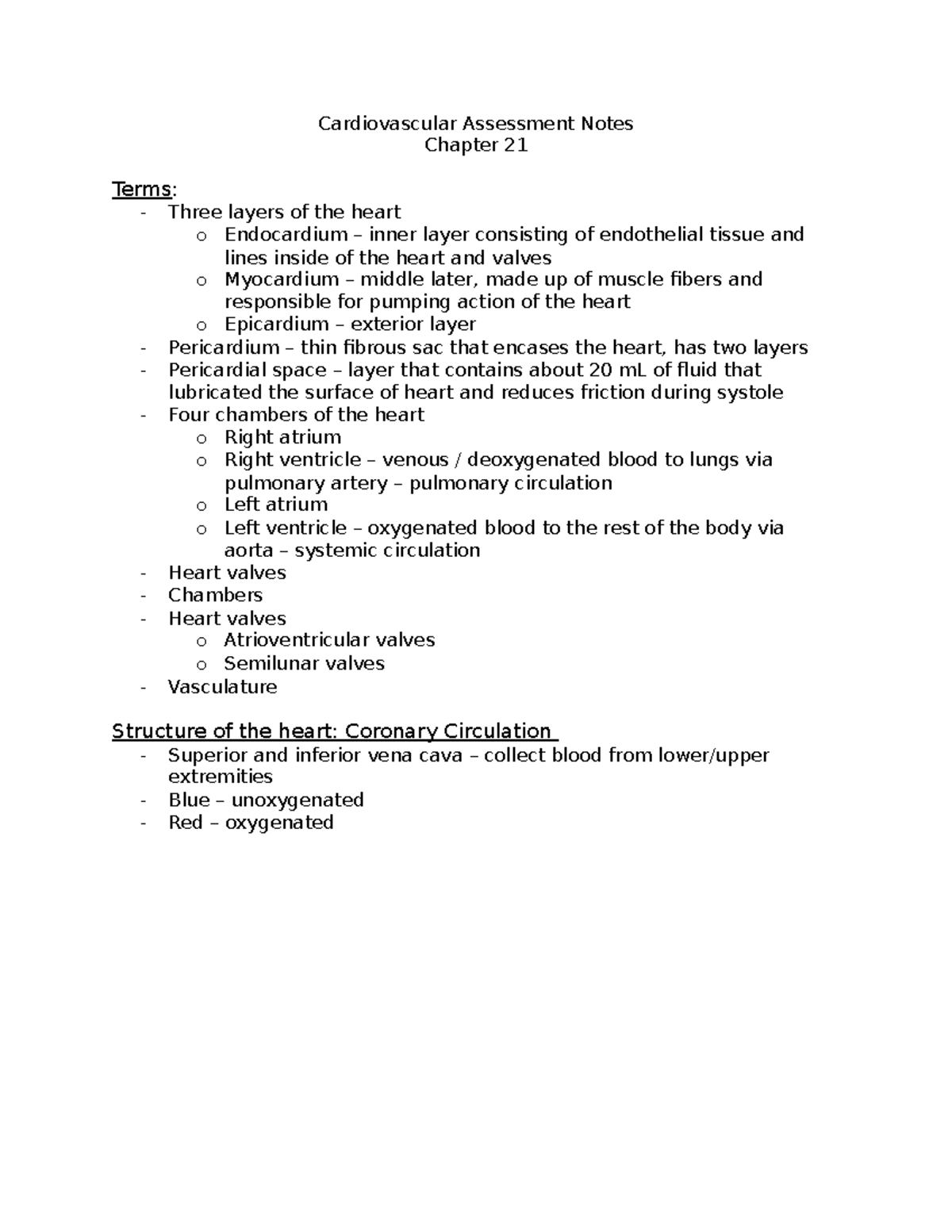 Notes - T1. Cardiovascular Assessment - Cardiovascular Assessment Notes ...