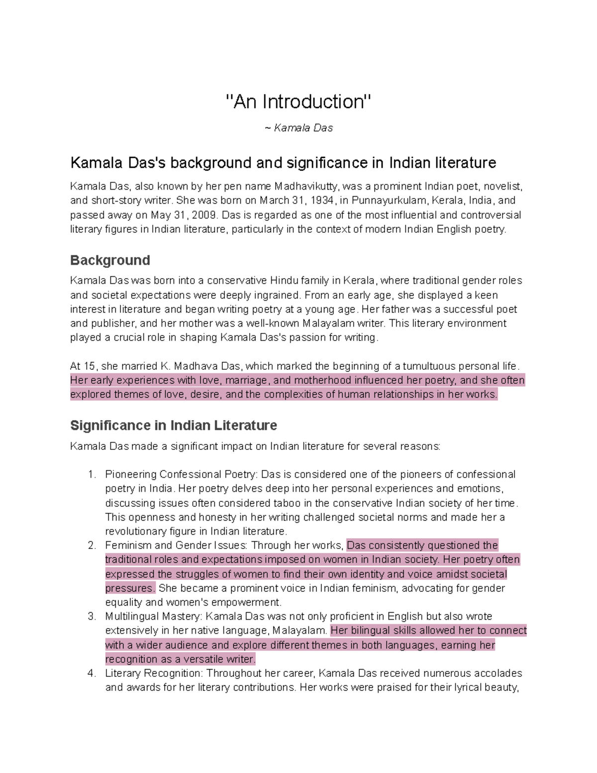 An Introduction by Kamala Das - "An Introduction" ~ Kamala Das Kamala ...