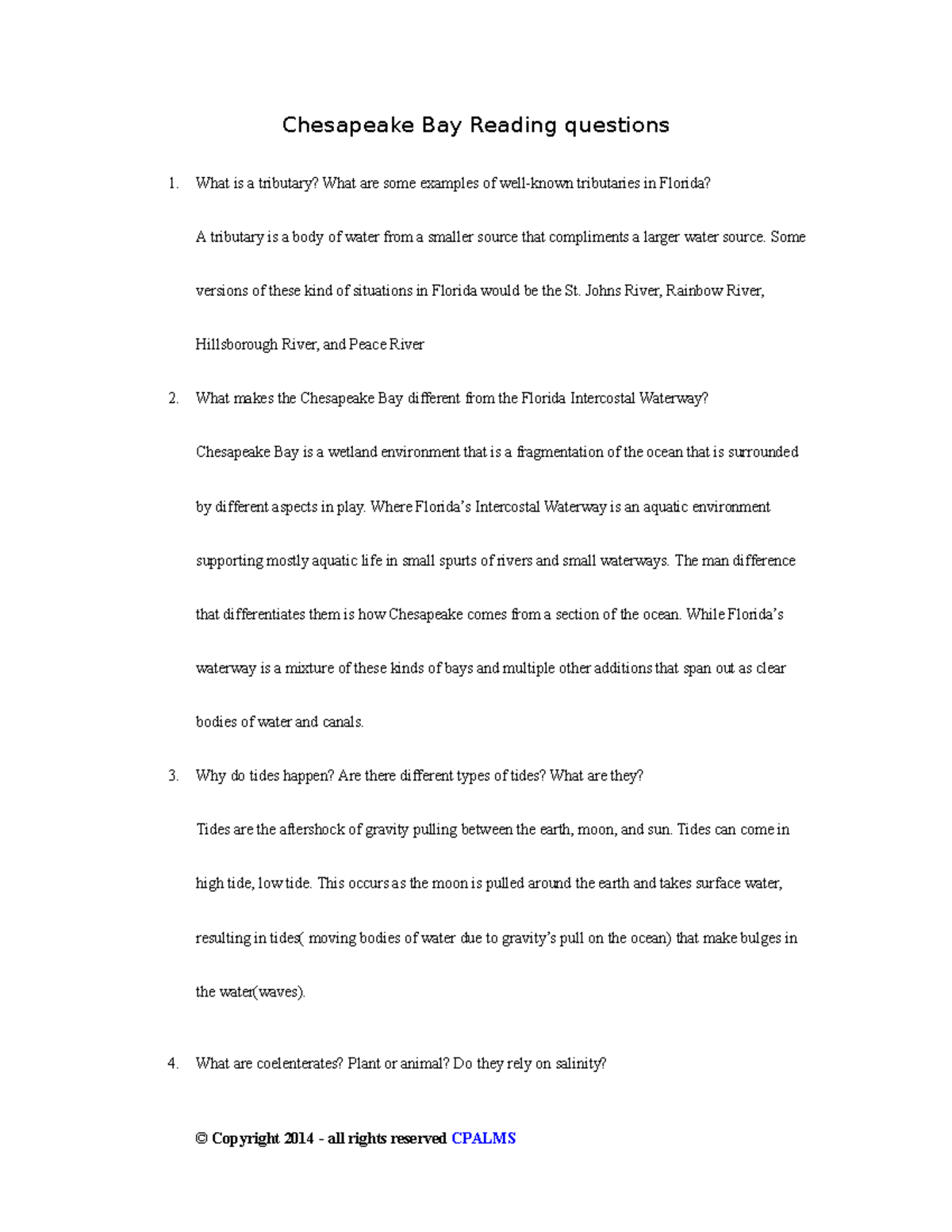 Chesapeake bay questions - Copy - Chesapeake Bay Reading questions 1 ...
