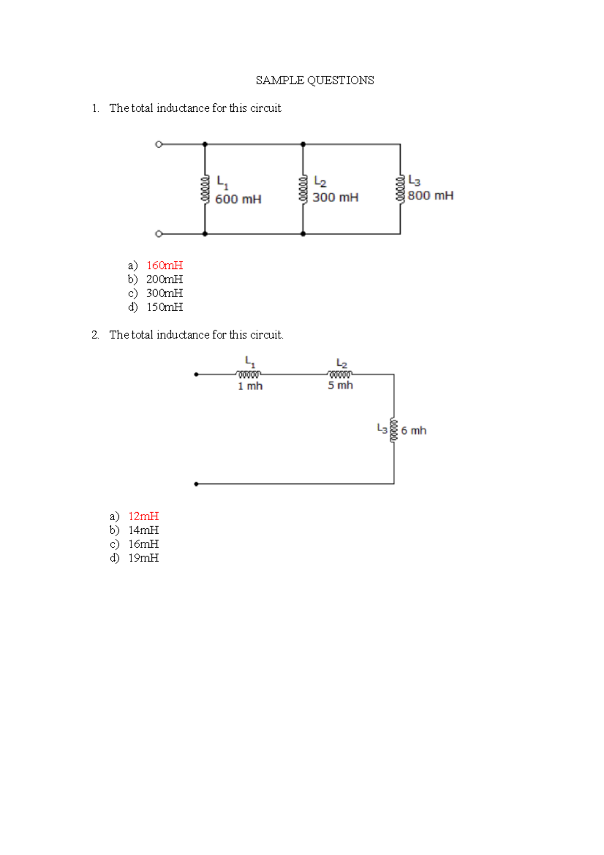 ELCT 1003 Sample Questions - SAMPLE QUESTIONS The total inductance for ...
