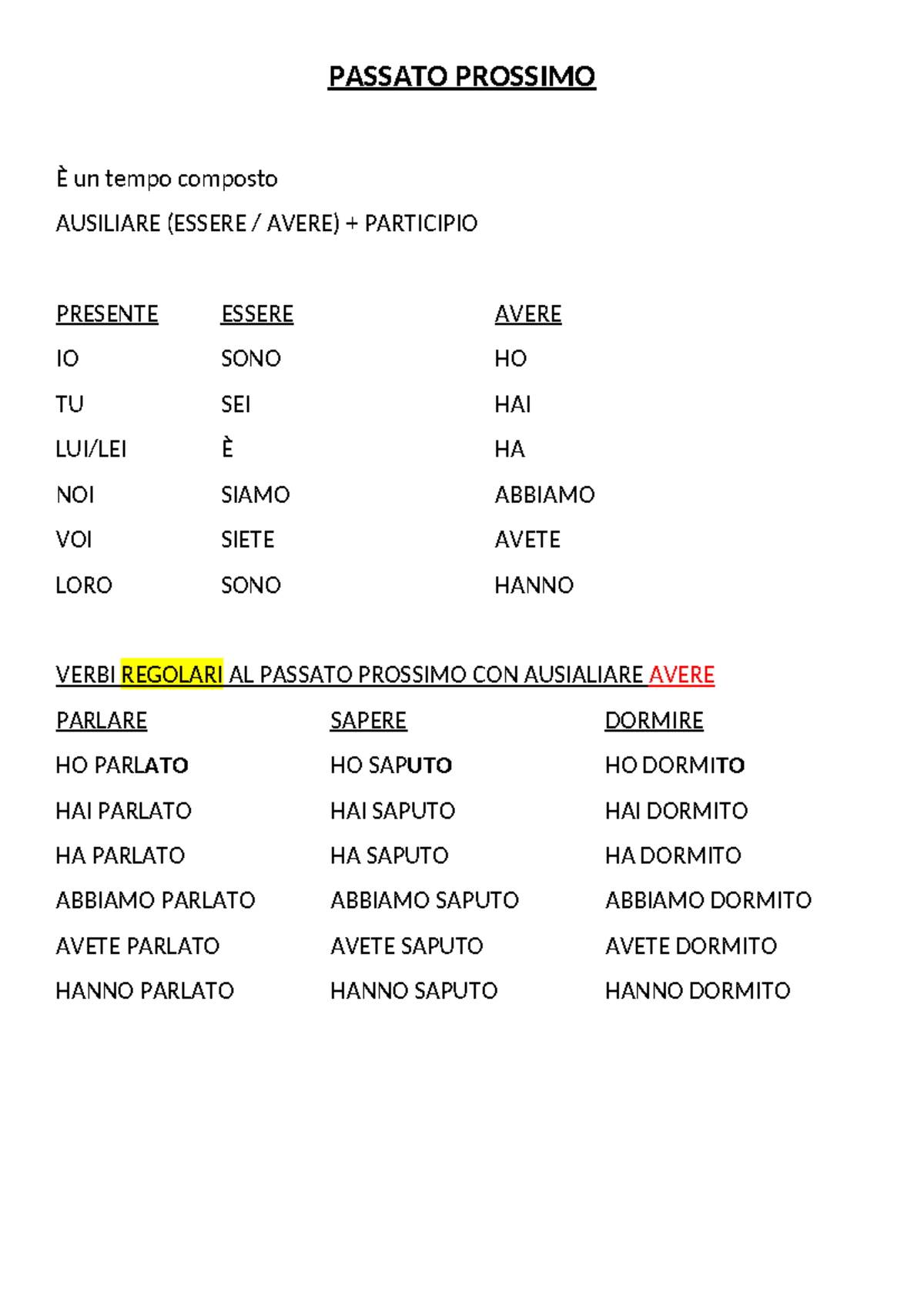 Passato prossimo - lengua italiana - PASSATO PROSSIMO È un tempo ...