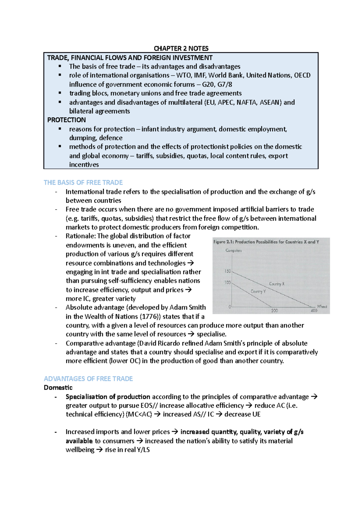 ECON1102 Notes - CH2 Trade, FI, Protection - CHAPTER 2 NOTES TRADE ...
