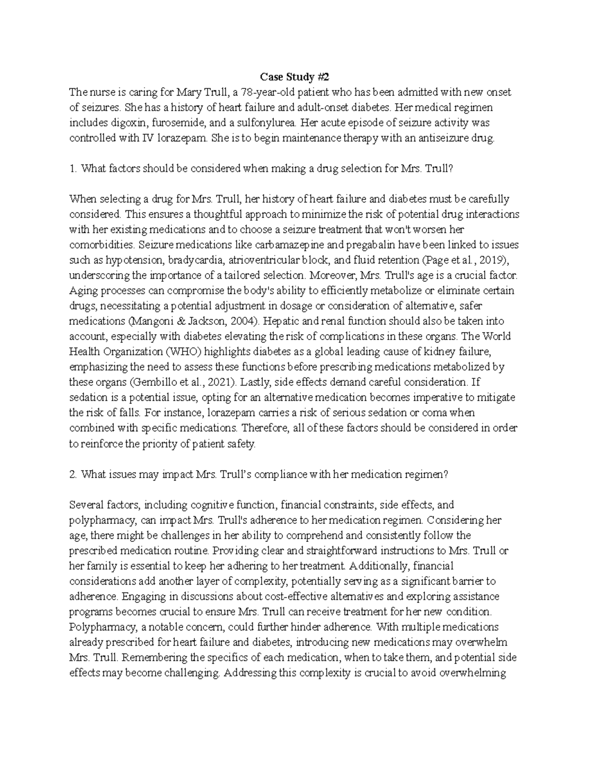 Case Study #2 Pharmacology - Case Study # The nurse is caring for Mary ...