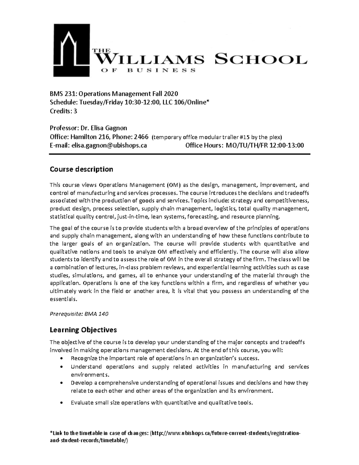 Bms 231 outline - *Link to the timetable in case of changes: - Studocu