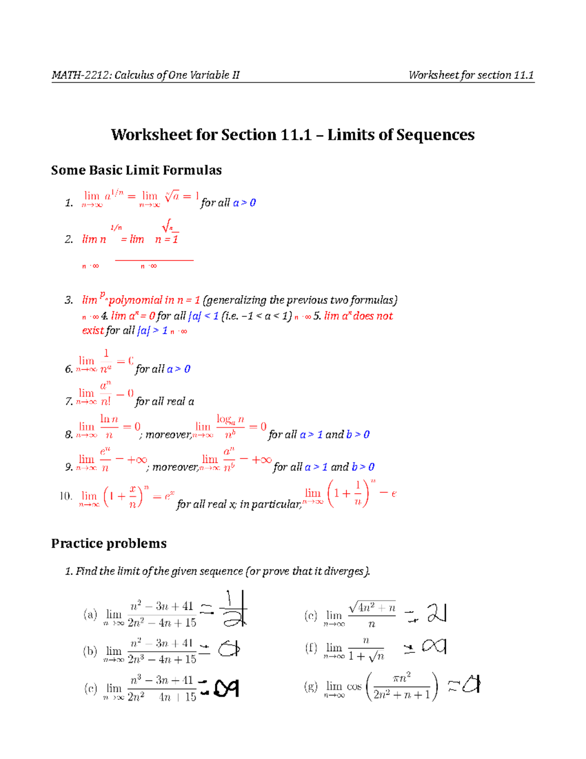 WS 11.1 - Limits of Sequences Calulus - MATH-2212: Calculus of One Variable II Worksheet for ...