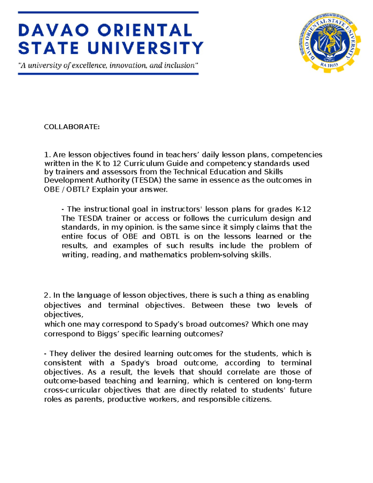 BEED 2A - homework - COLLABORATE: Are lesson objectives found in ...