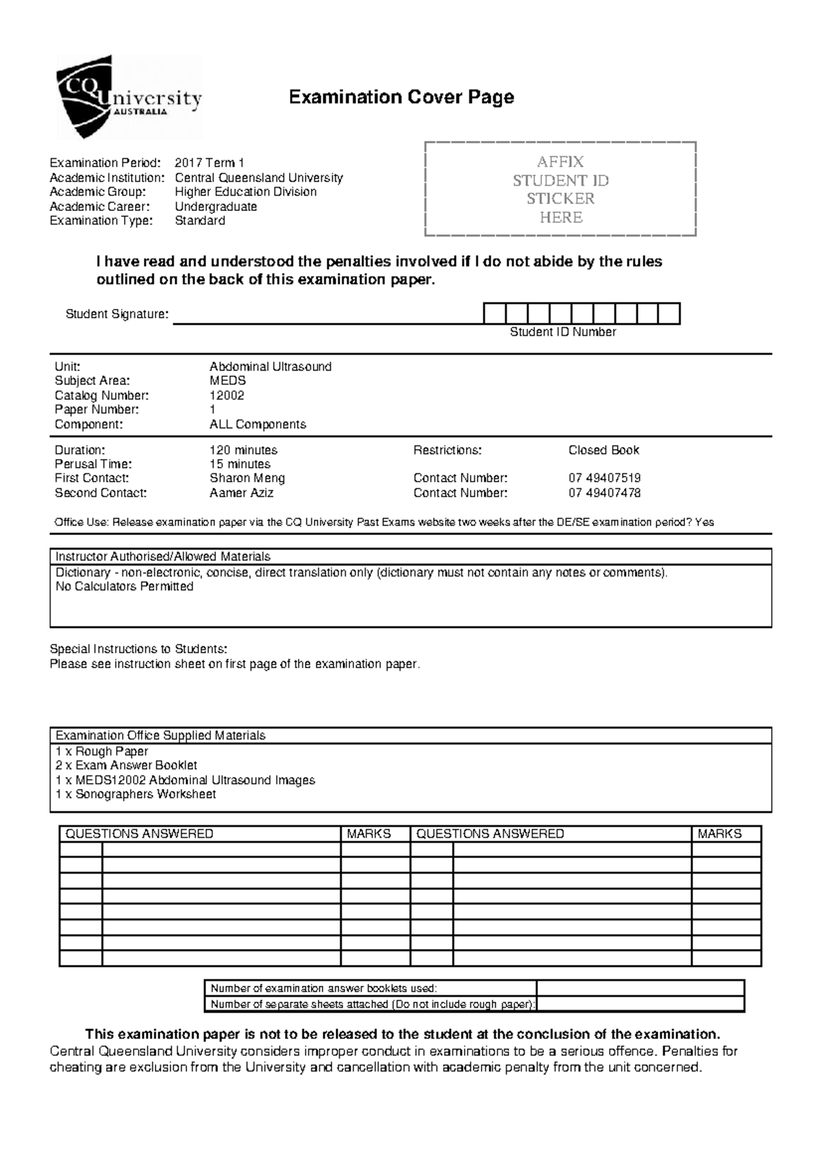 Exam 2002 2017, questions - Examination Cover Page Examination Period ...