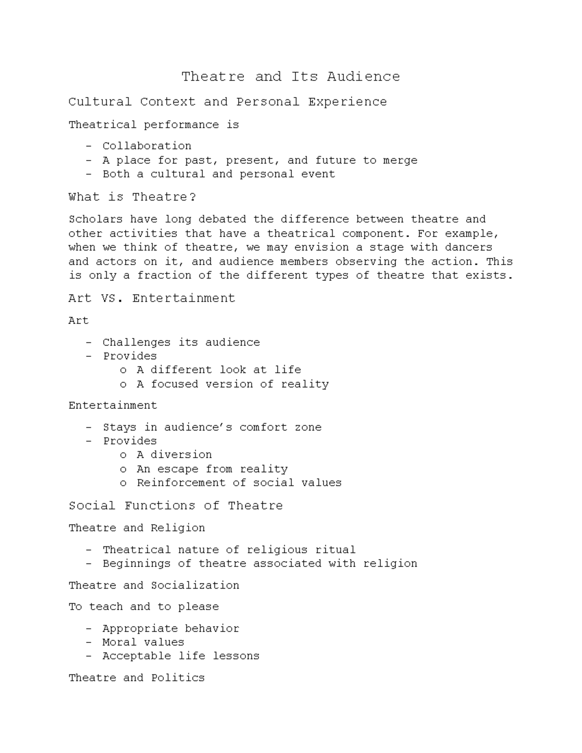 Chapter 1 Theatre and Its Audience - Theatre and Its Audience Cultural ...